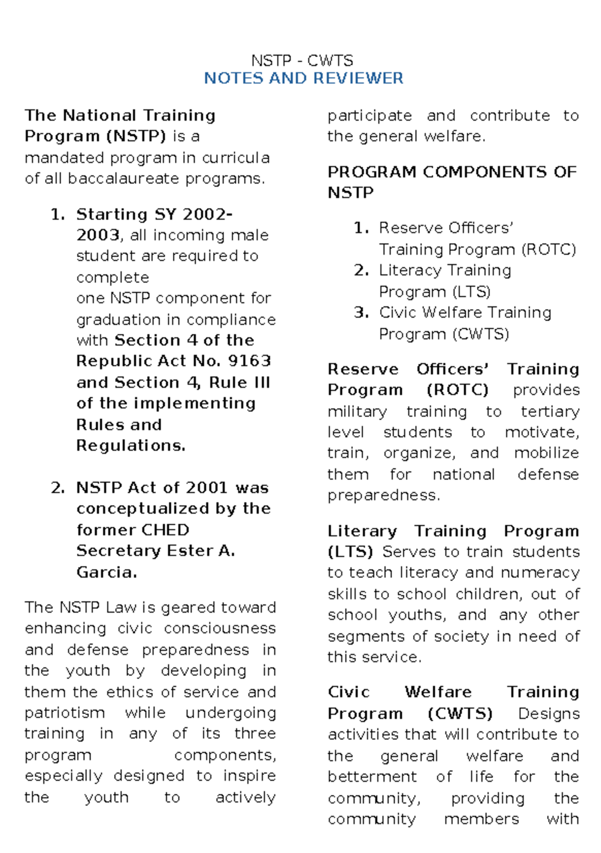 NSTP CWTS REVIEWER - NOTES AND REVIEWER The National Training Program ...