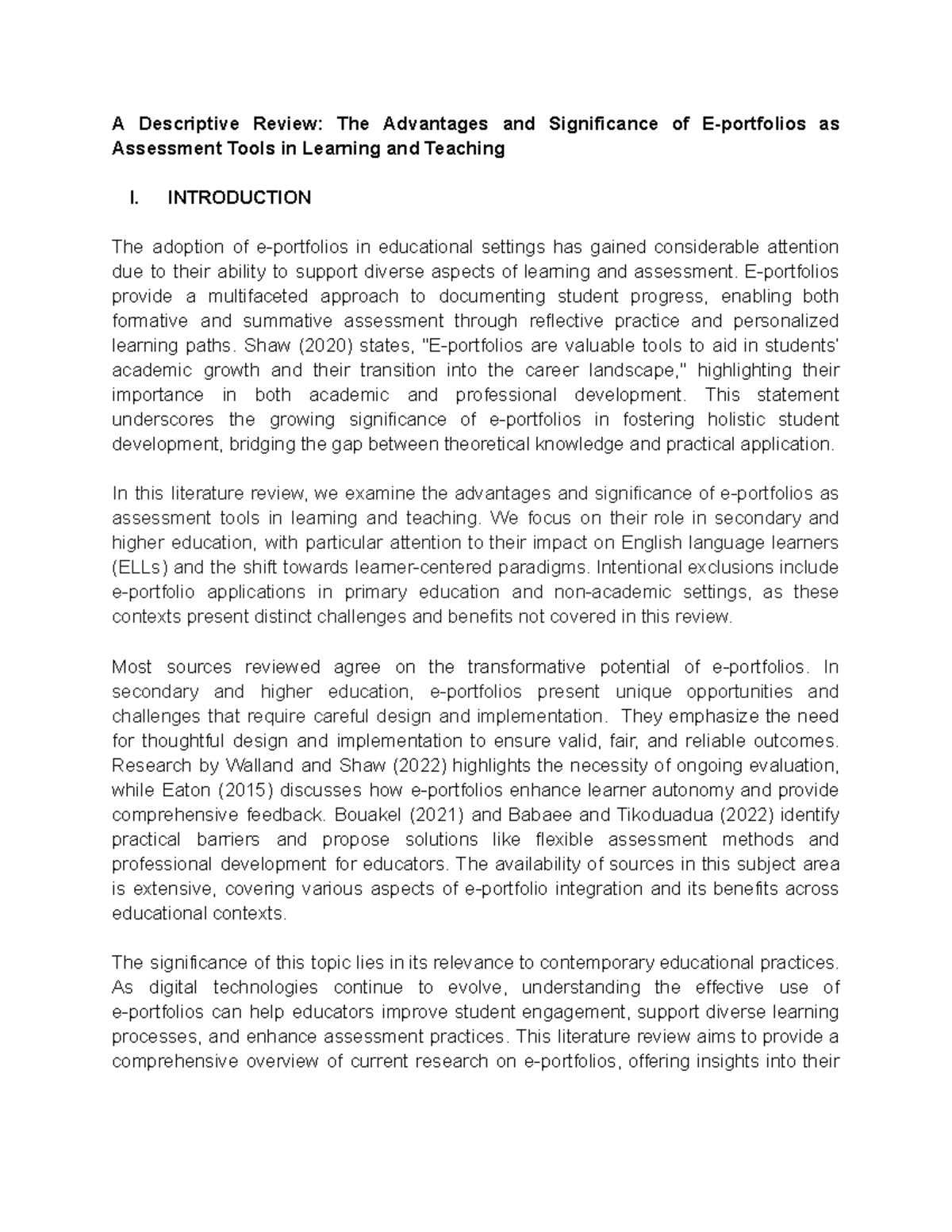 Lit Rev - A Descriptive Review: The Advantages and Significance of E ...