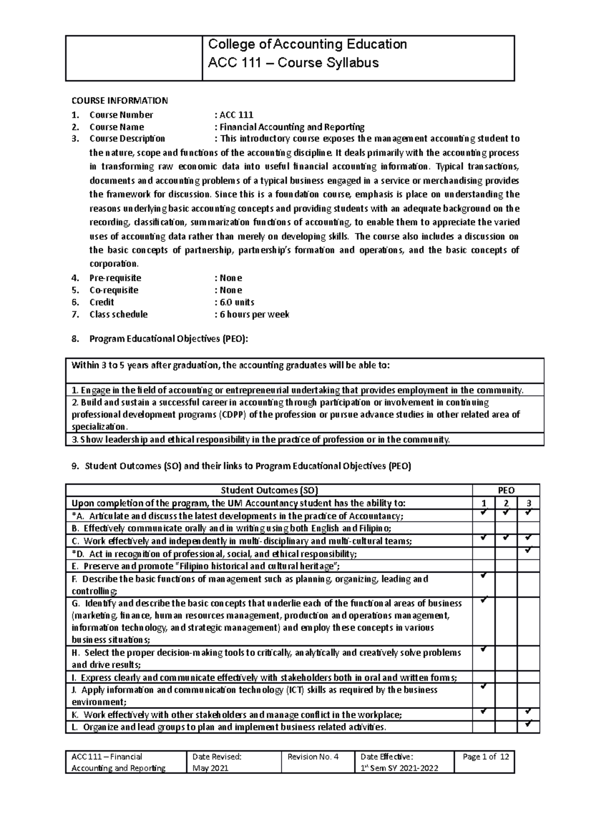 Syllabus ACC 111 SY 2022-2023 Final - College of Accounting Education ACC 111 – Course Syllabus ...