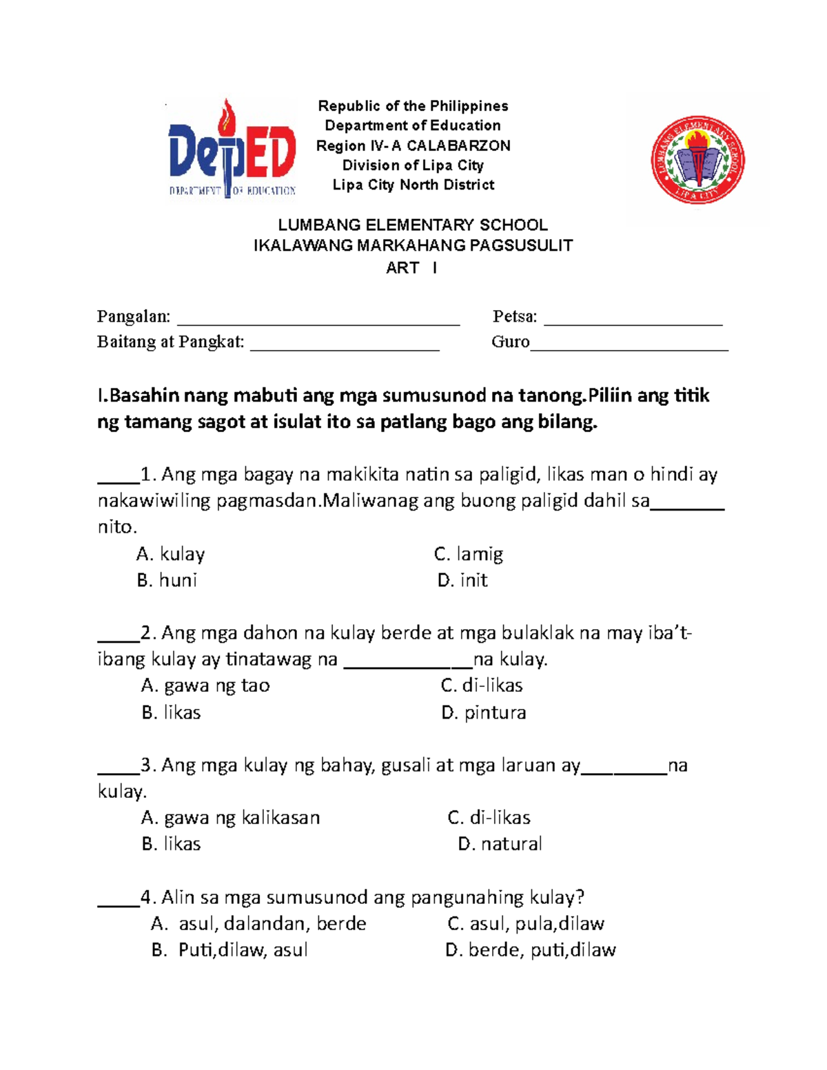 PT ART 1 Q2 - periodical test for elementary - Republic of the ...