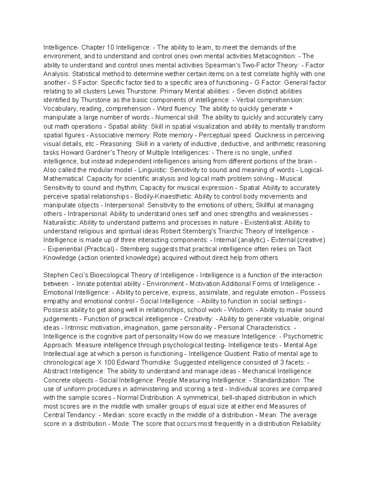 Ps102 final notes ch 10 - Intelligence- Chapter 10 Intelligence: - The ...