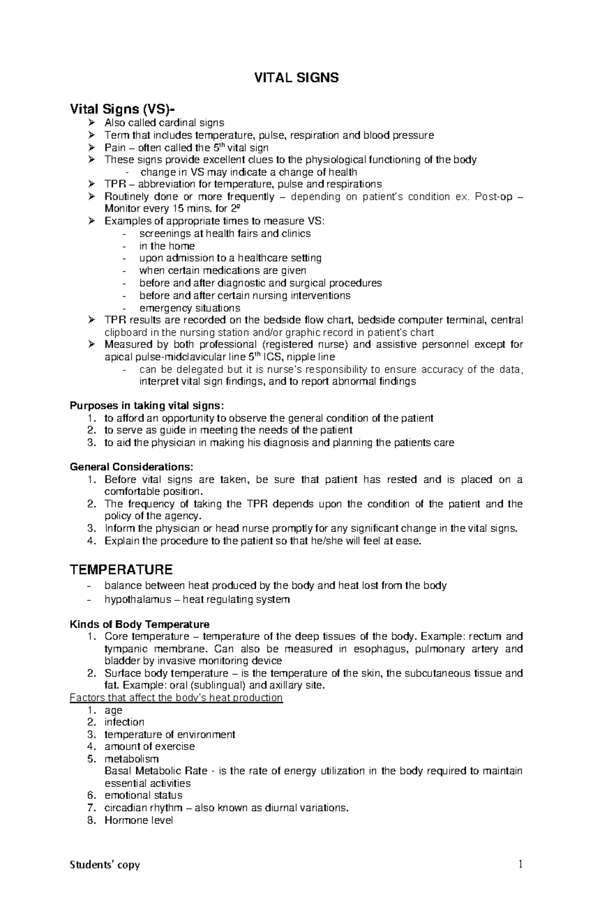 Vital Signs-1 - Reviewer - VITAL SIGNS Vital Signs (VS)- Also called ...