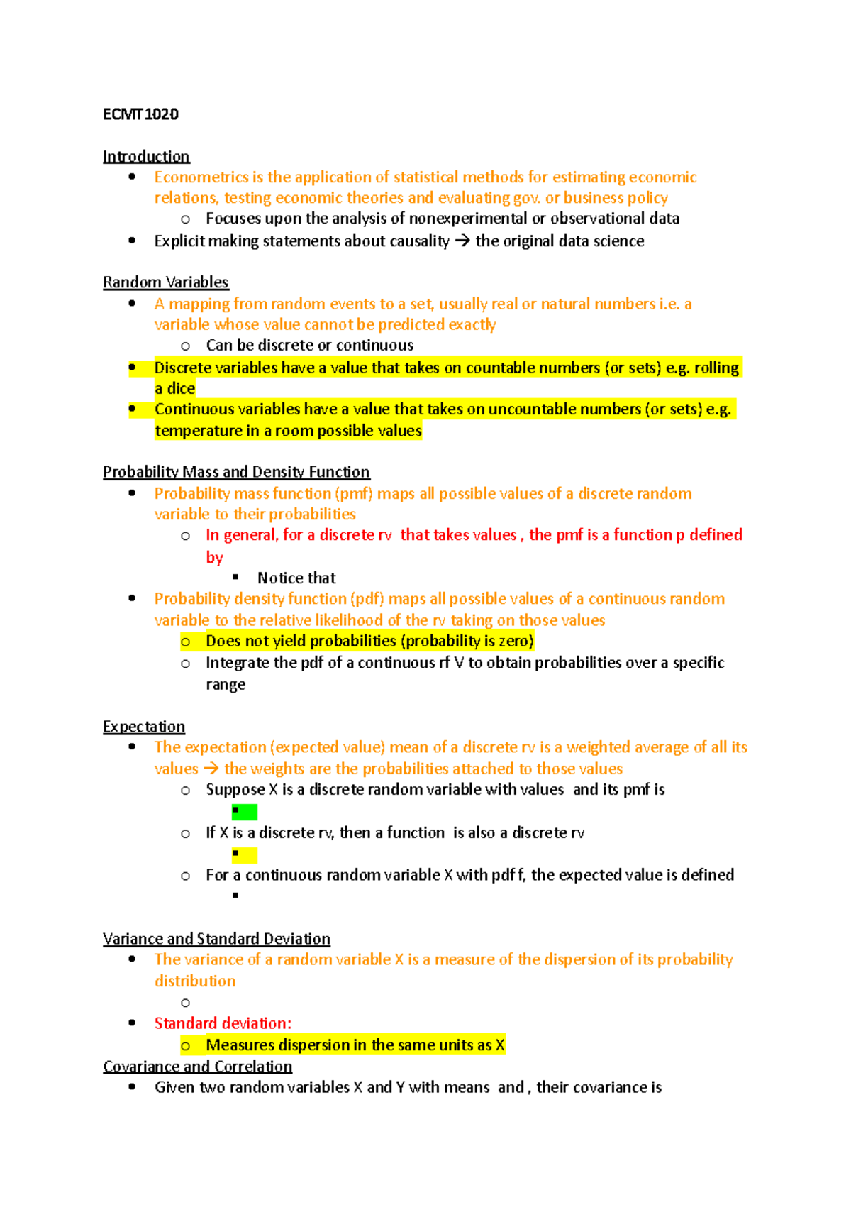 Ecmt1020 Notes Ecmt Introduction Econometrics Is The Application Of