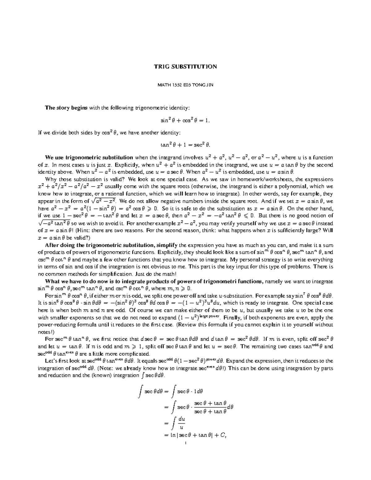 Comprehensive Trig Substitution - TRIG SUBSTITUTION MATH 1552 E05 TONG ...
