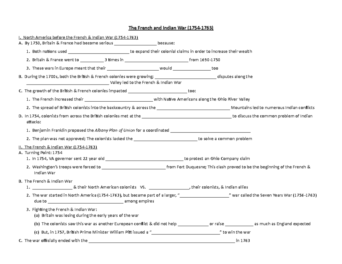 1 French Indian War Notes - The French and Indian War (1754-1763) I ...
