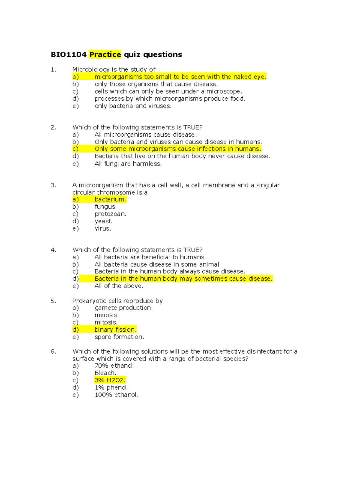 Mid semester practice questions - BIO1104 Practice quiz questions ...