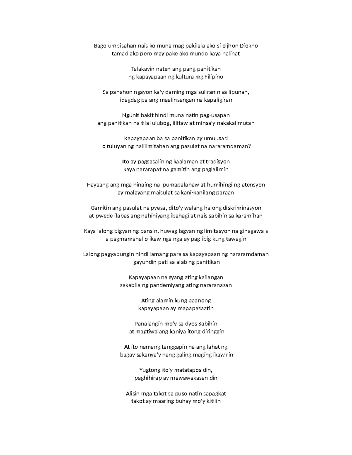 Bago umpisahan nais ko muna mag pakilala ako si eljhon Diokno - Studocu