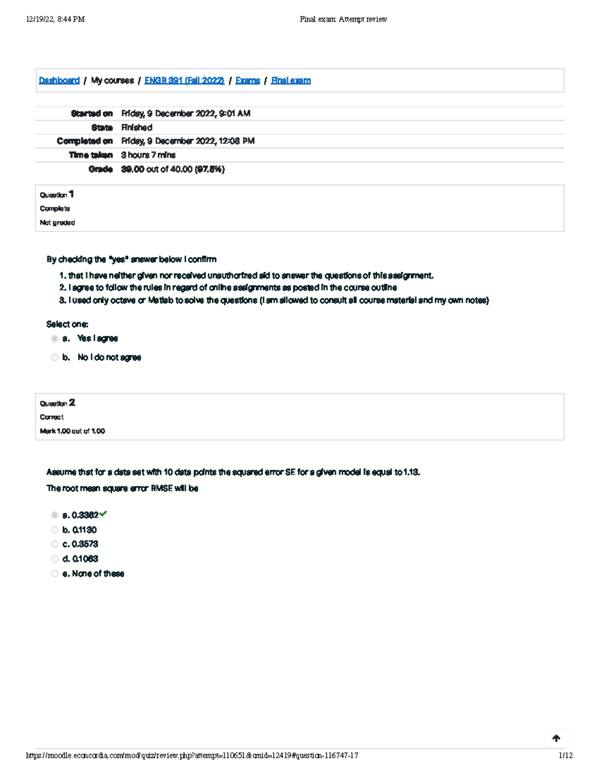 Final exam Attempt review - Dashboard / My courses / ENGR 391 (Fall 2022) / Exams / Final exam ...