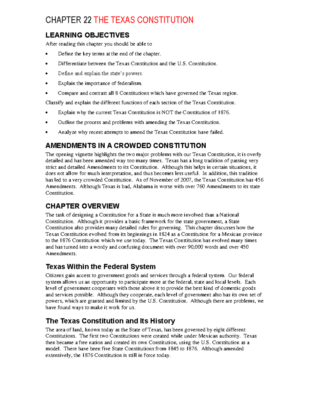 Ch22 The Texas Constitution Exam - CHAPTER 22 THE TEXAS CONSTITUTION ...