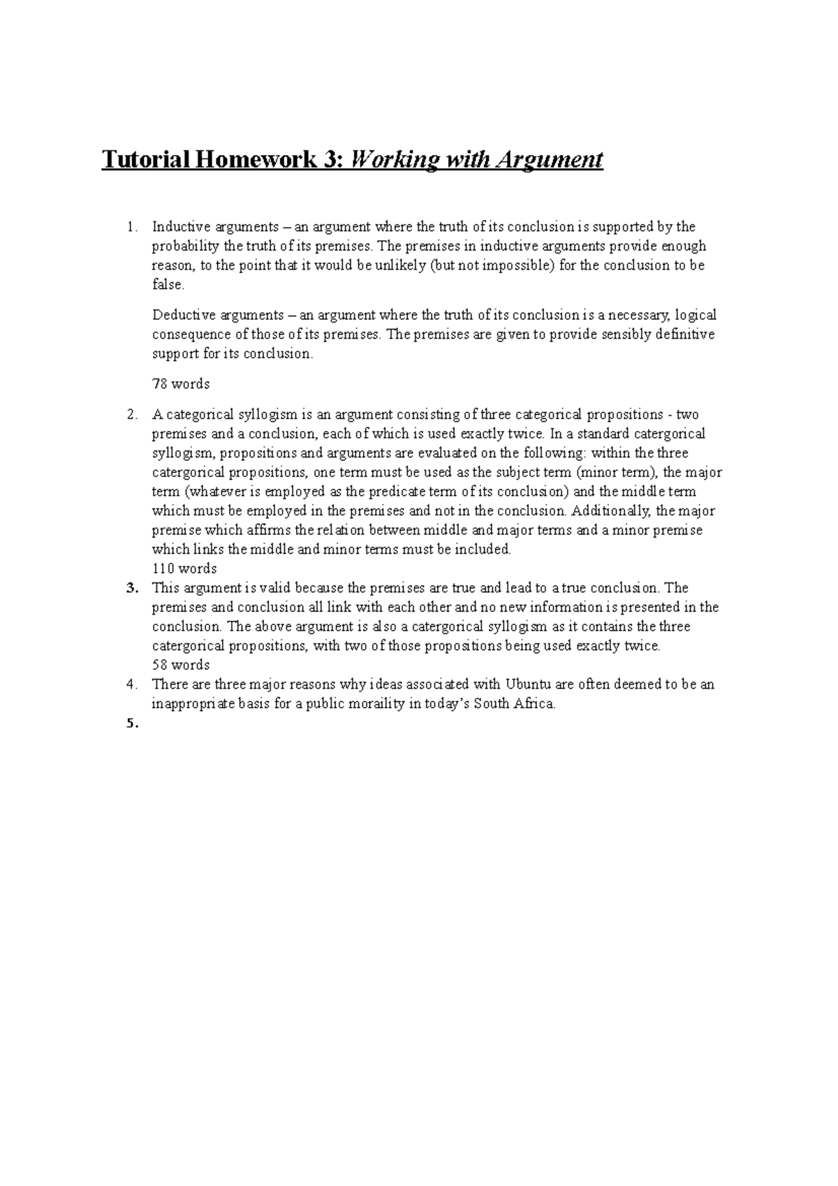 sem 2 tutorial assignment - Tutorial Homework 3: Working with Argument Inductive arguments – an ...