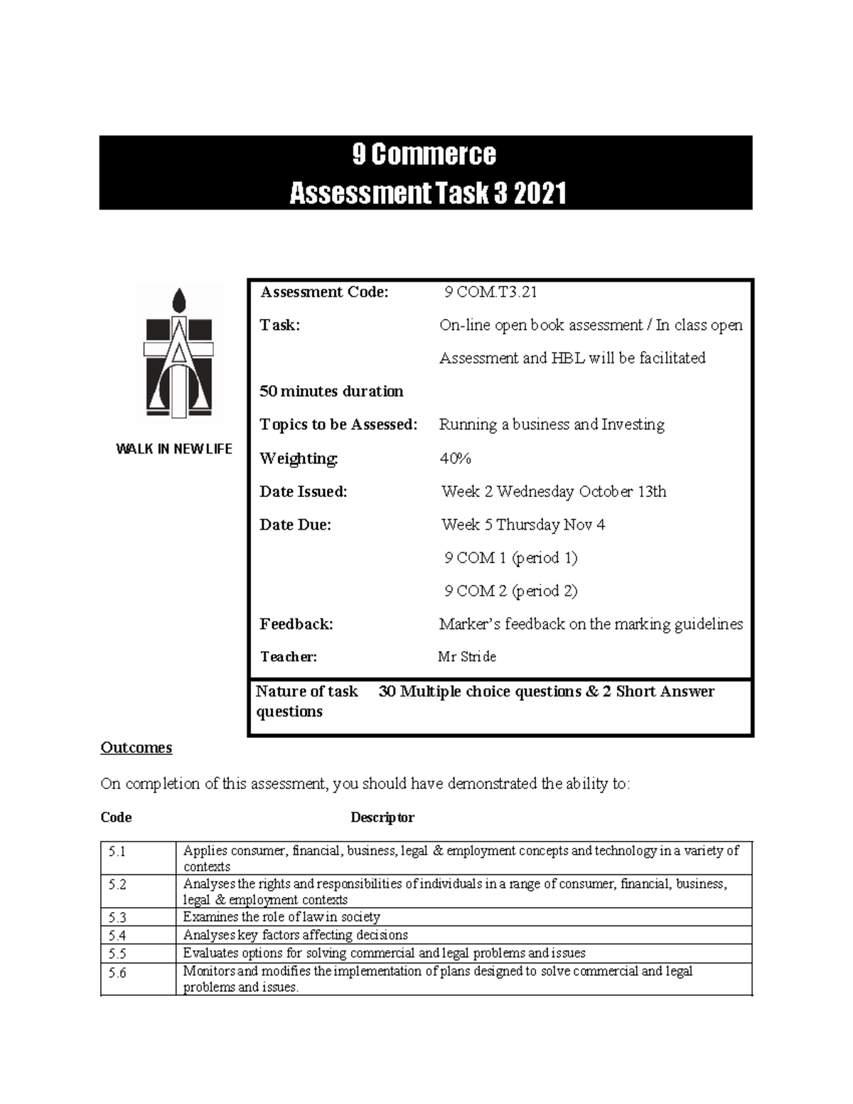9COM.T3.21 Notification - 9 Commerce Assessment Task 3 2021 WALK IN NEW ...
