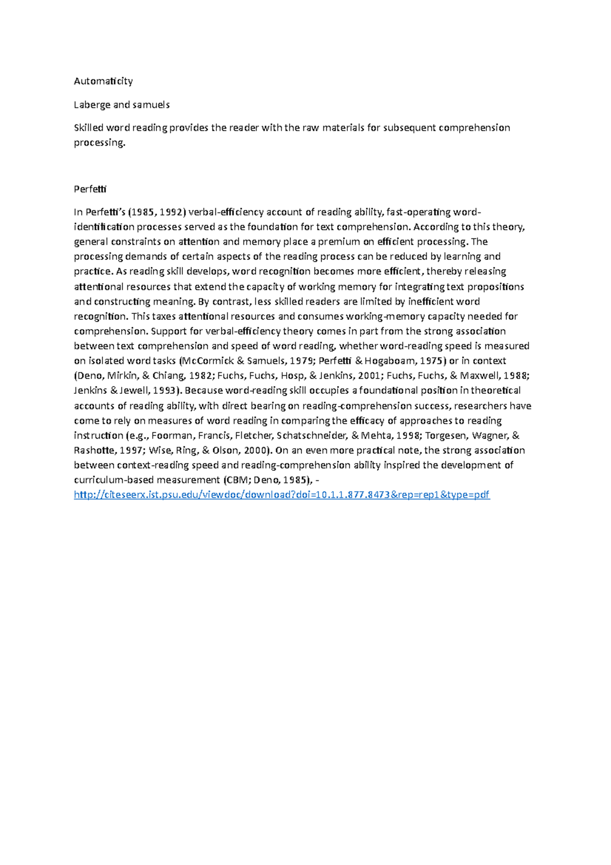 Reading on automaticity - Automaticity Laberge and samuels Skilled word ...
