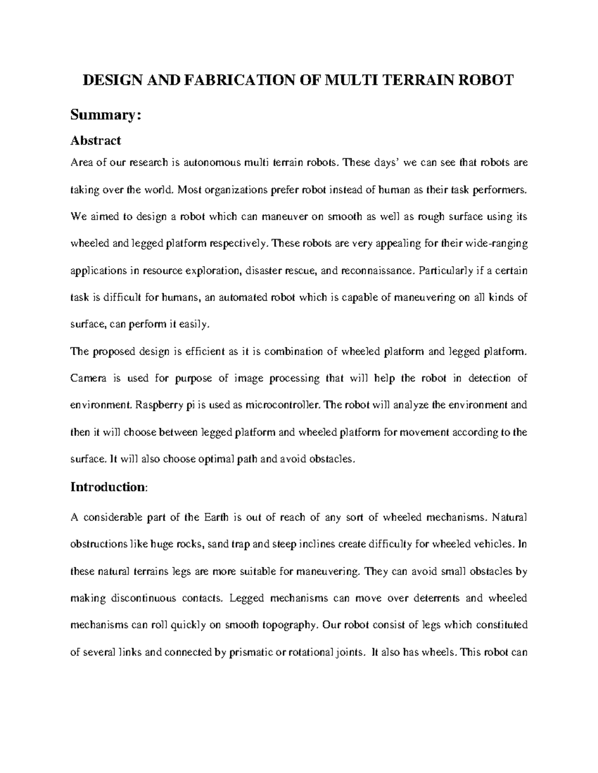 Design AND Fabrication OF Multi Terrain Robot Summary - DESIGN AND ...