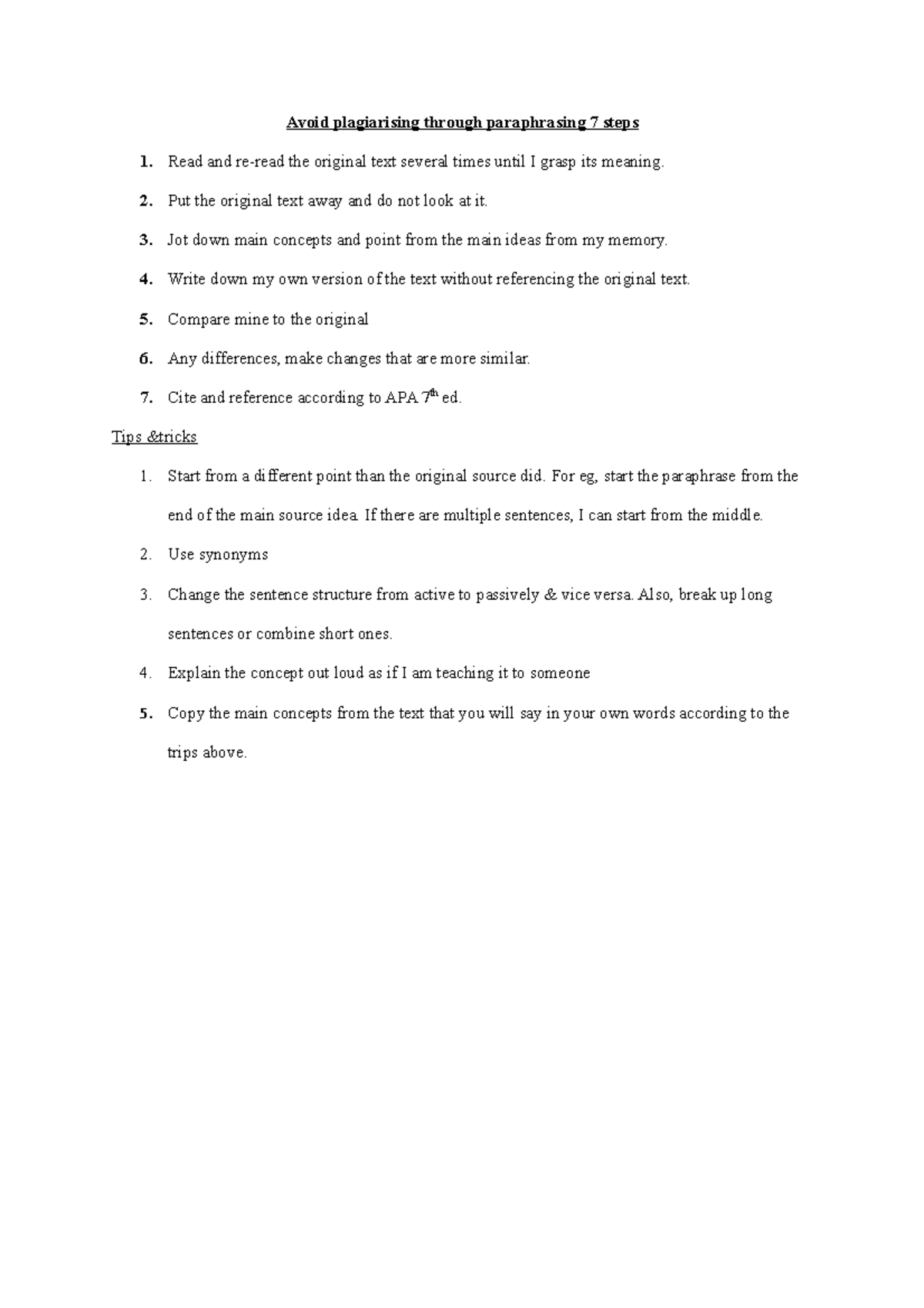 Avoid plagiarising through paraphrasing 7 steps - Read and re-read the ...
