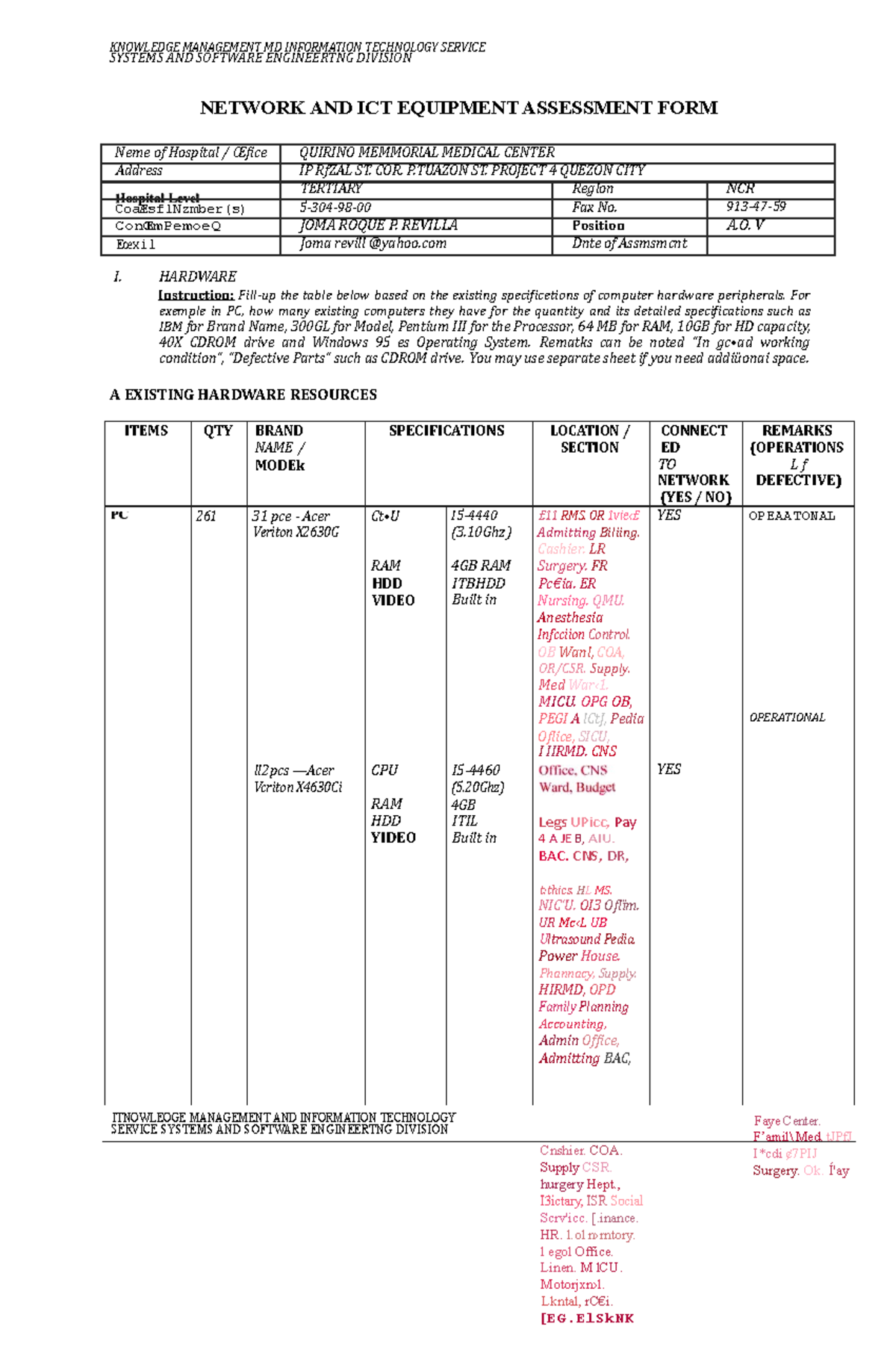 Network and ICT Equipment Assessment Form - KNOWLEDGE MANAGEMENT MD ...