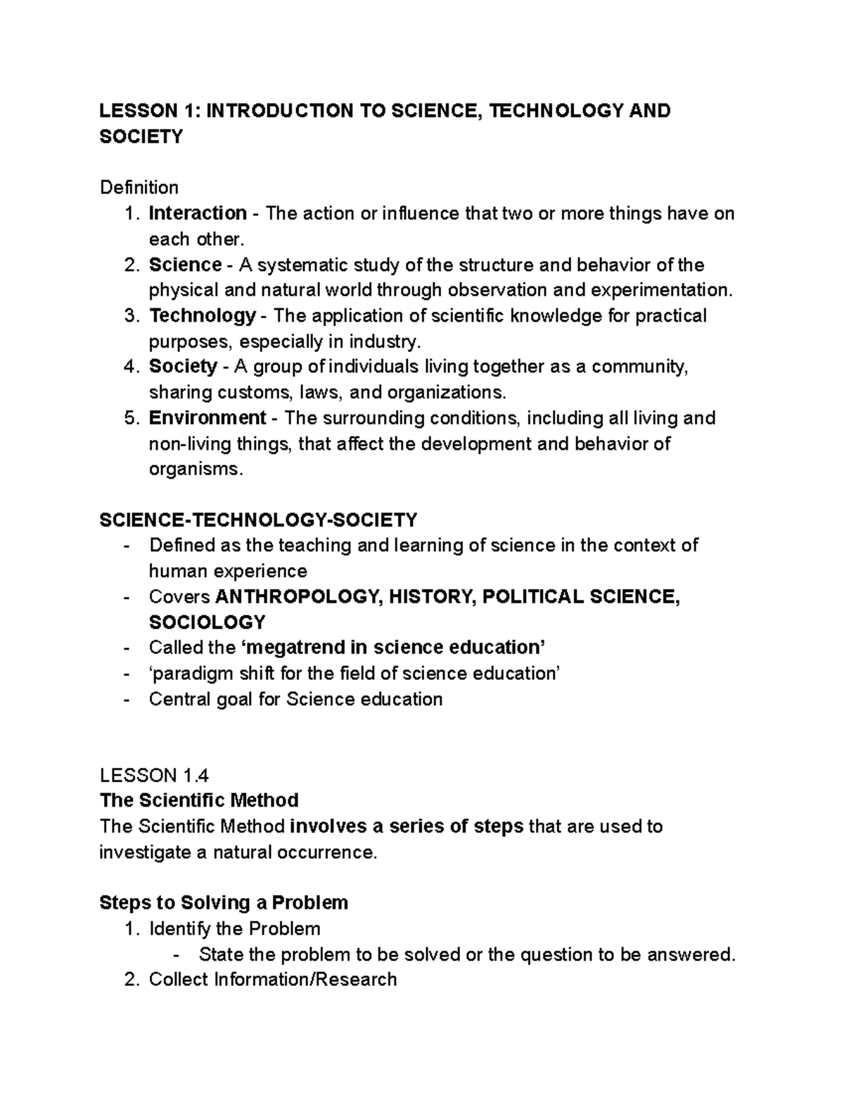 Lesson 1 - notes - LESSON 1: INTRODUCTION TO SCIENCE, TECHNOLOGY AND ...