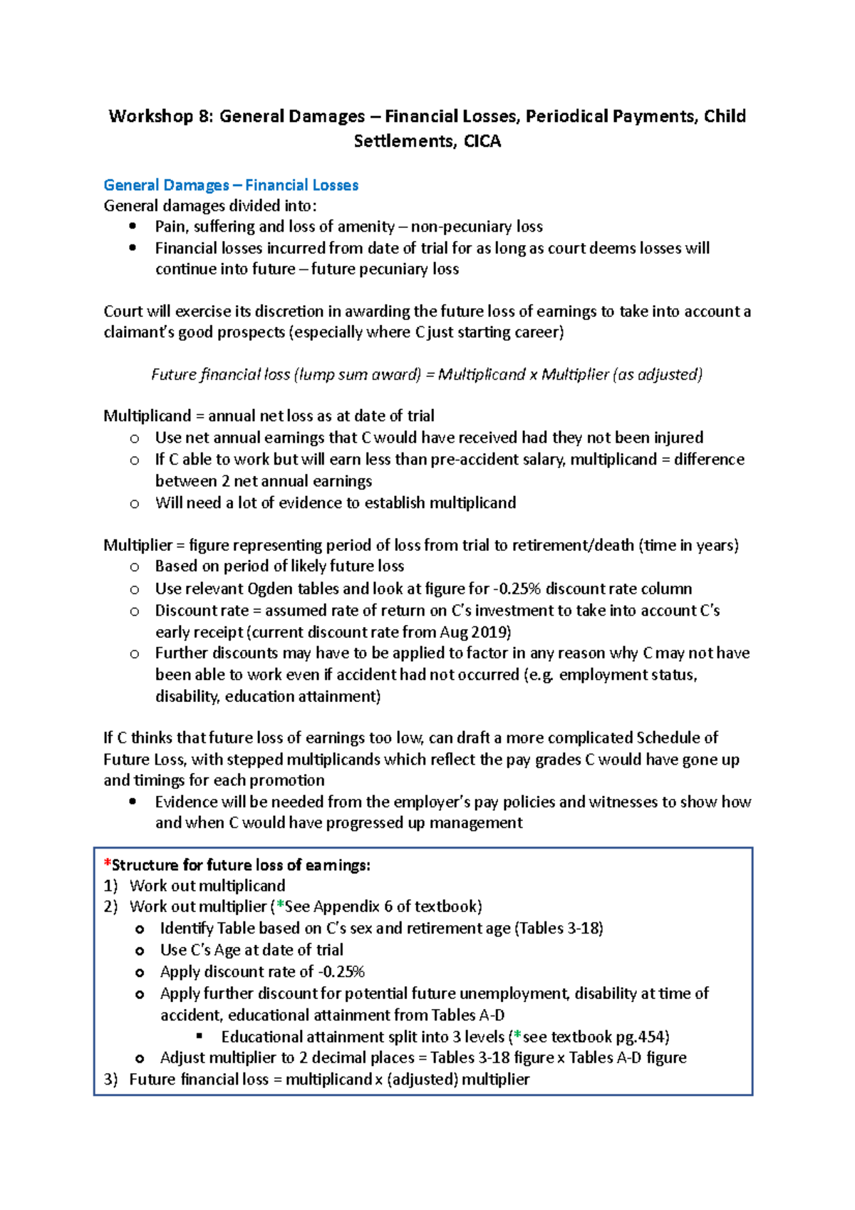 Workshop 8 - General Damages - Financial Losses, with structure ...