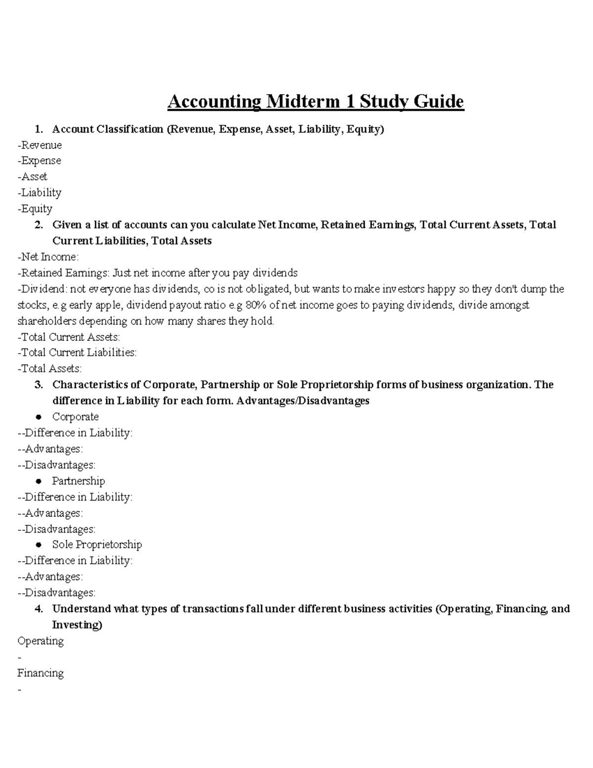 Accounting Midterm 1 Study Guide - Accounting Midterm 1 Study Guide Account Classification ...