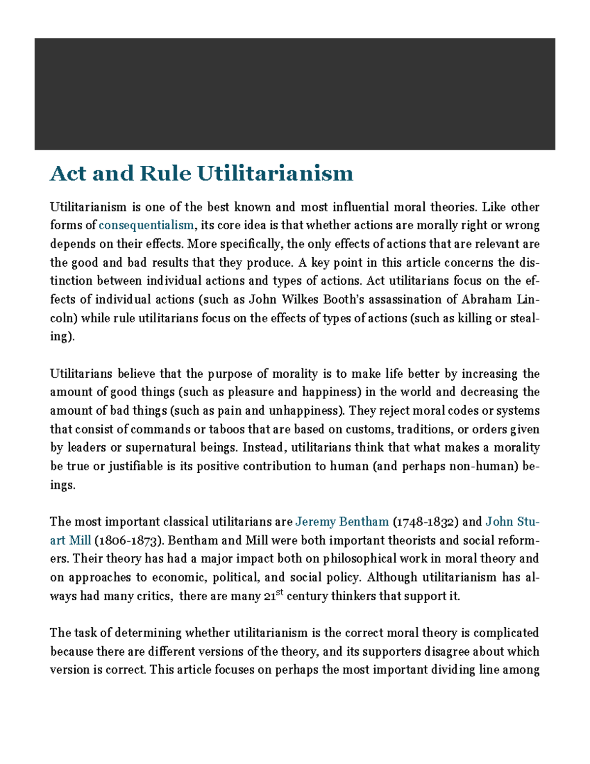 Utilitarianism, Act and Rule Internet Encyclopedia of Philosophy - Act ...