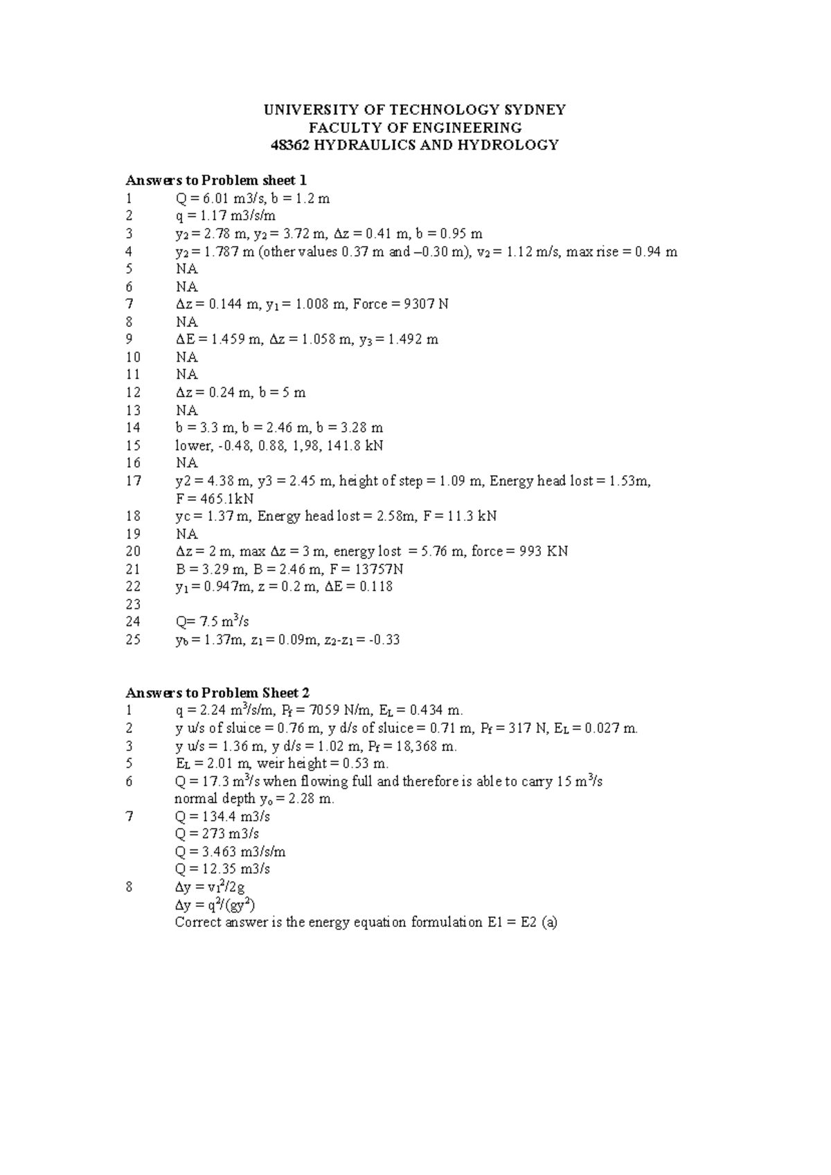 Answers to assn 1 and problem sheet - UNIVERSITY OF TECHNOLOGY SYDNEY FACULTY OF ENGINEERING ...