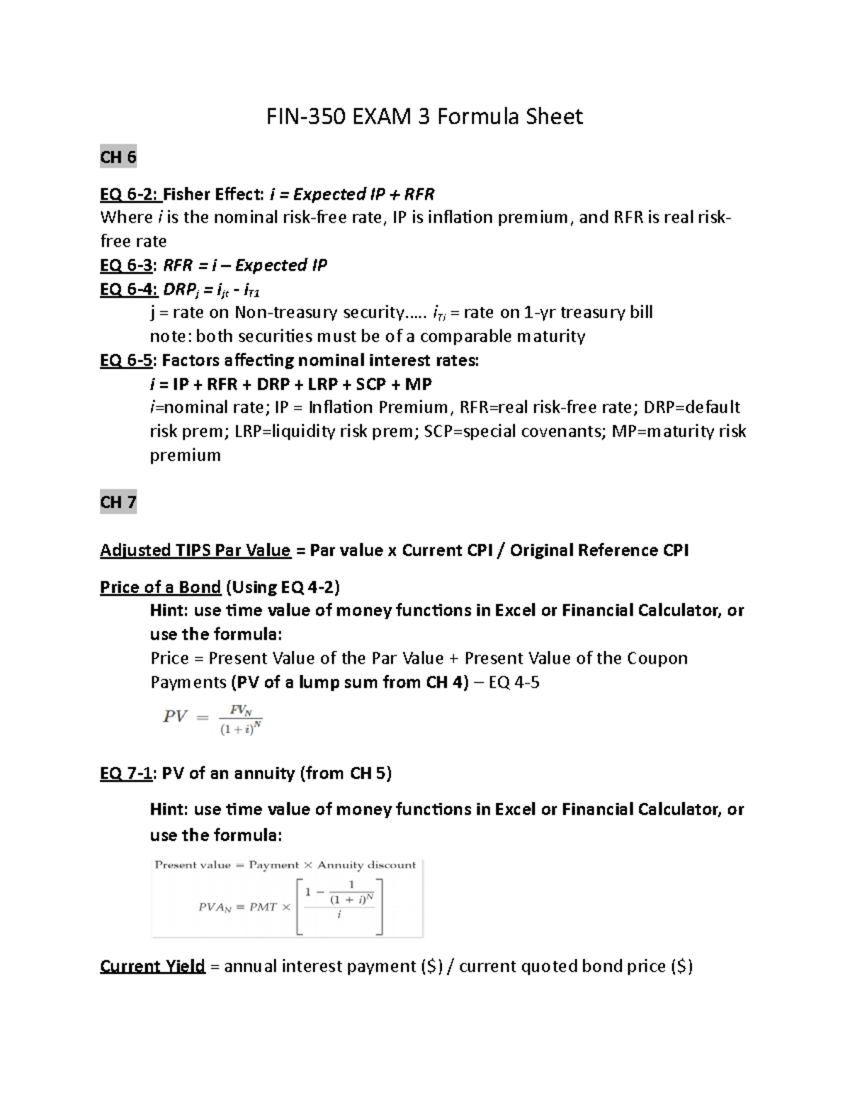 FIN350 Exam 3 student formula sheet 1.3 condensed - FIN-350 EXAM 3 ...