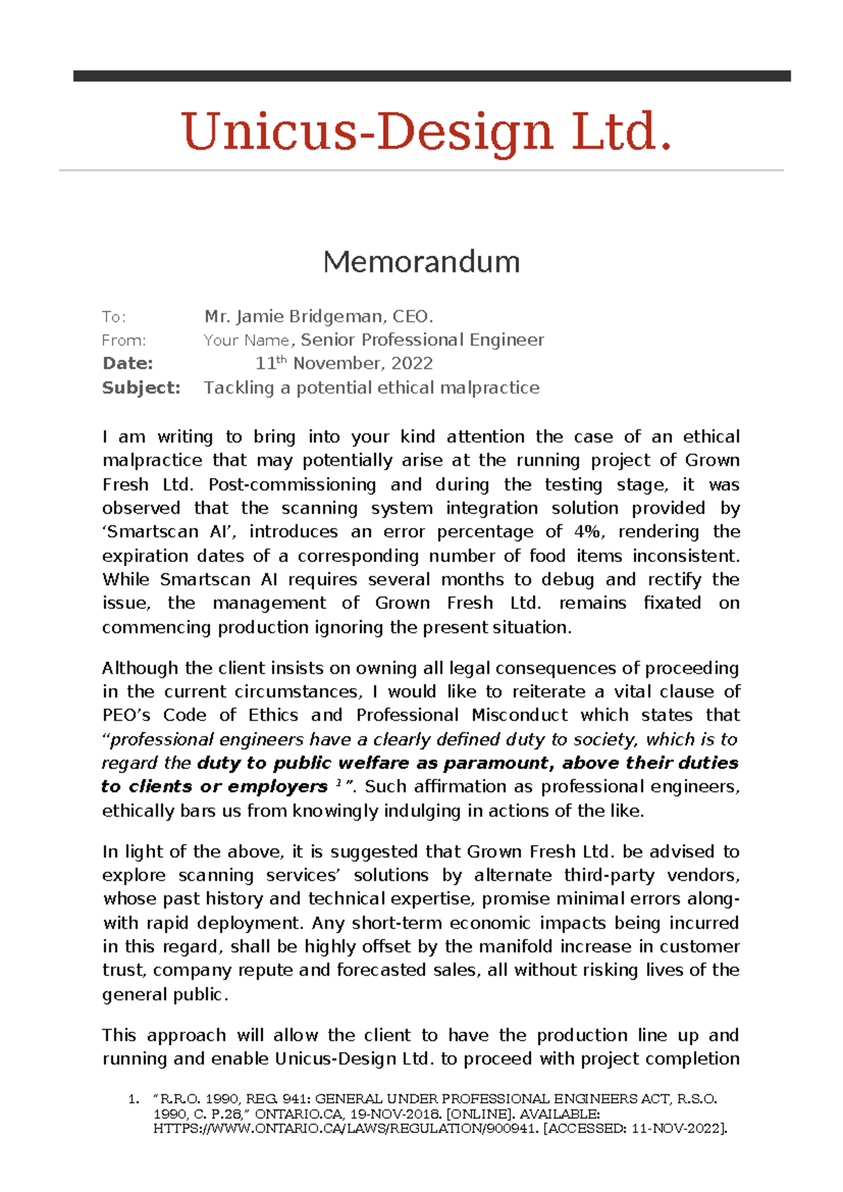 Unicus Memo - memo assignment - Unicus-Design Ltd. Memorandum To: Mr ...
