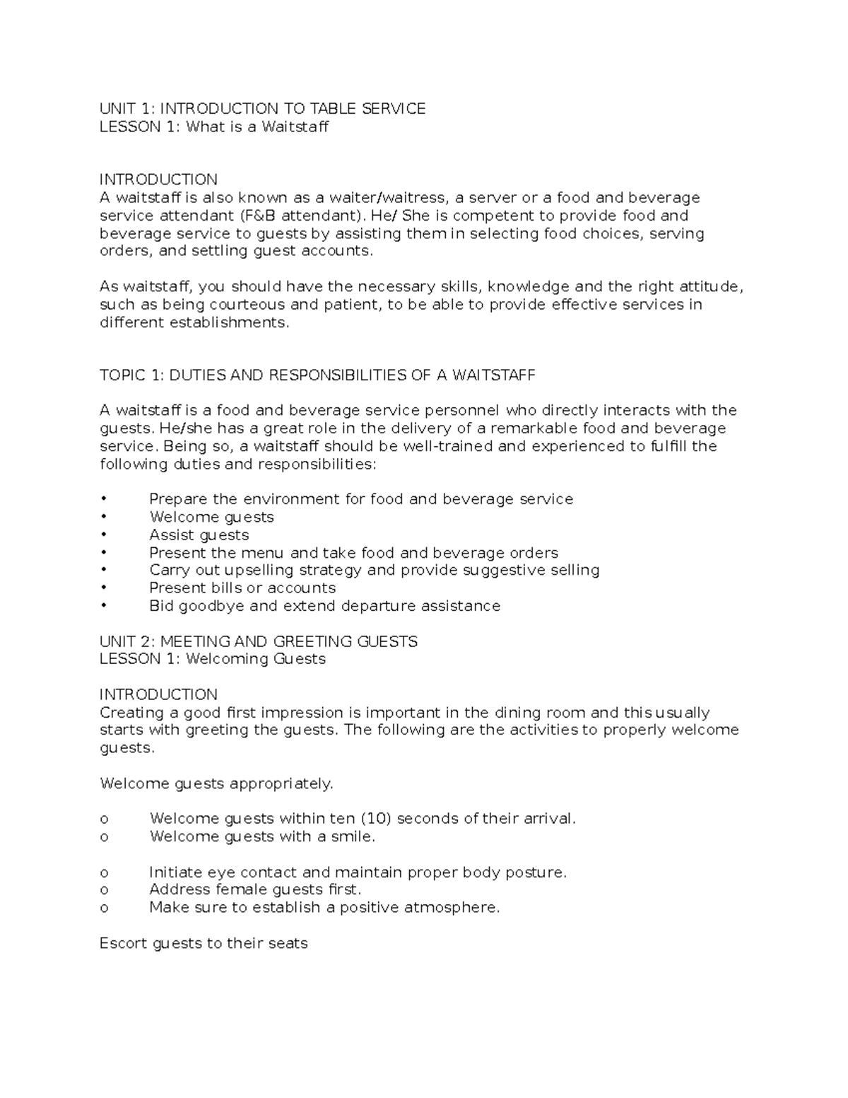 Introduction to Table Service - UNIT 1: INTRODUCTION TO TABLE SERVICE ...