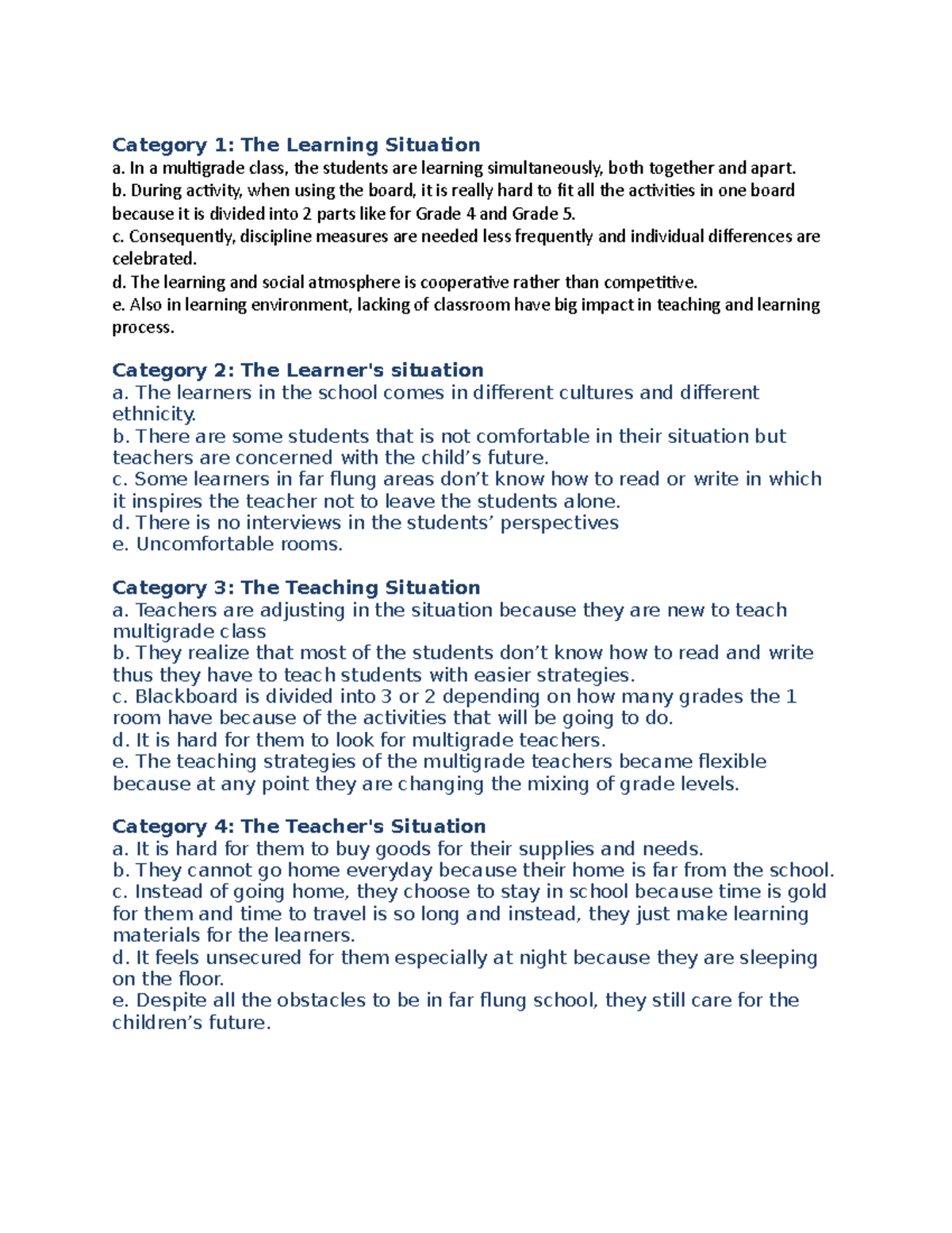Category 1 - Cqategories - Category 1: The Learning Situation a. In a ...
