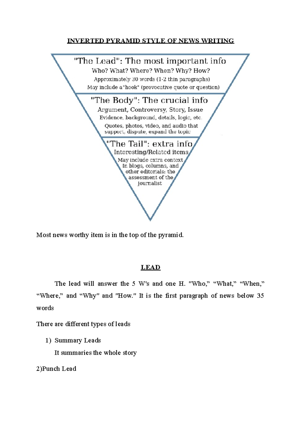 Inverted Pyramid Style OF NEWS Writing AND LEAD - INVERTED PYRAMID ...