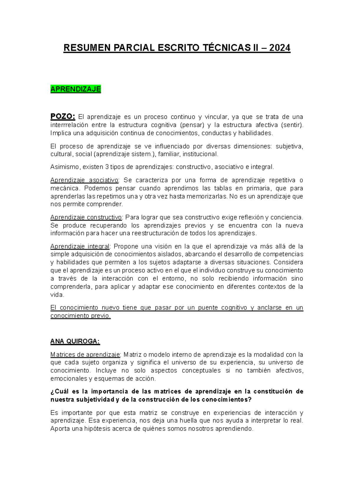 Parcial Escrito Técnicas II - 2024 - RESUMEN PARCIAL ESCRITO TÉCNICAS II – 2024 APRENDIZAJE POZO ...