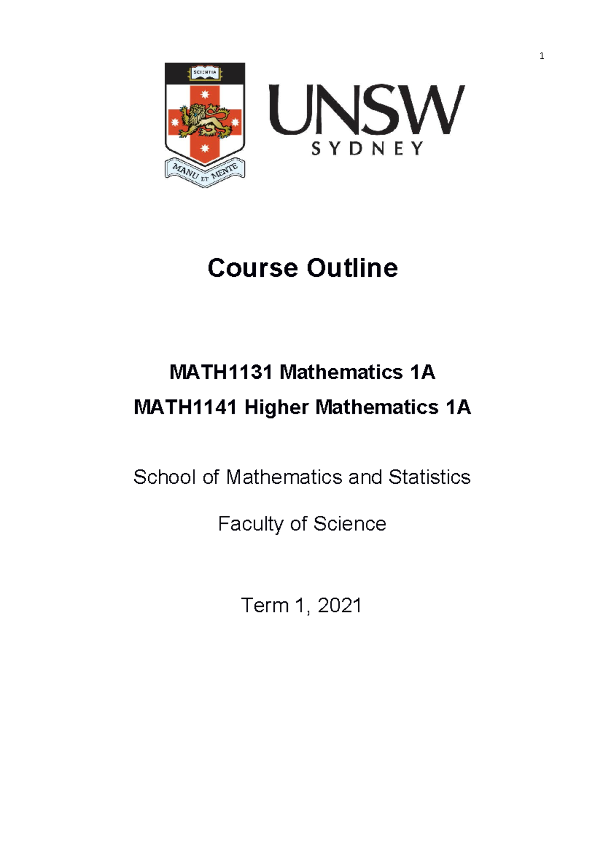 Course Outline 2021 for MATH1131 - MATH1131 - UNSW Sydney - Studocu