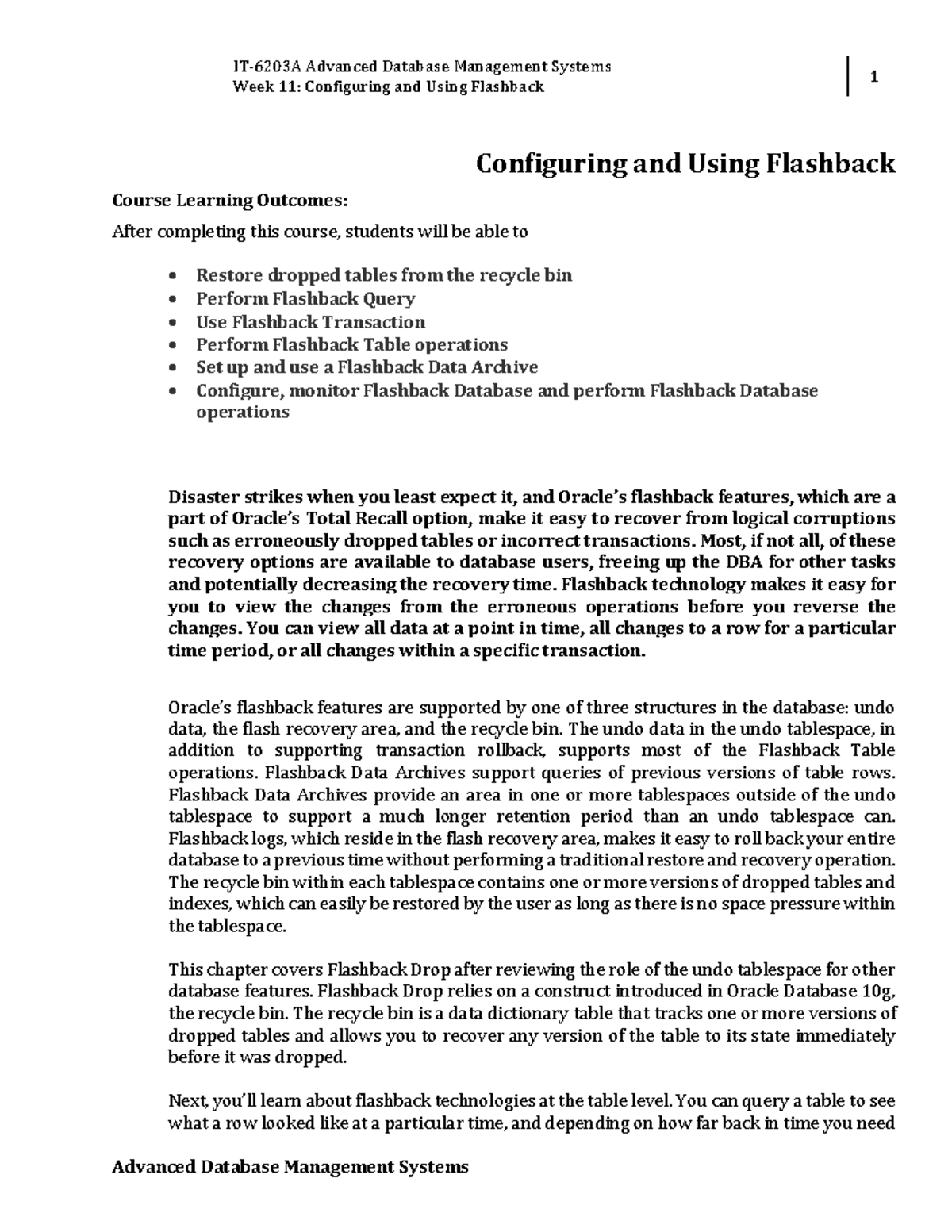W11 - Configuring and Using Flashback - Week 11: Configuring and Using ...