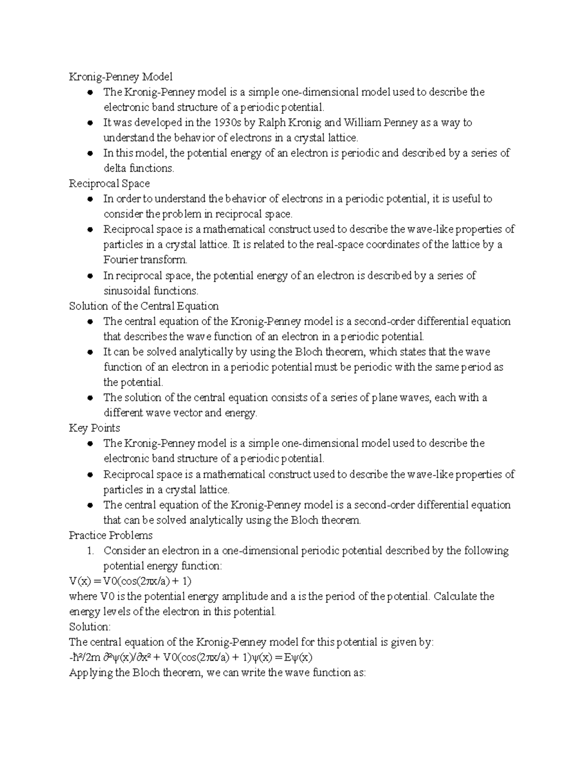 Chapter 10.1 Notes - Kronig-Penney Model The Kronig-Penney model is a ...