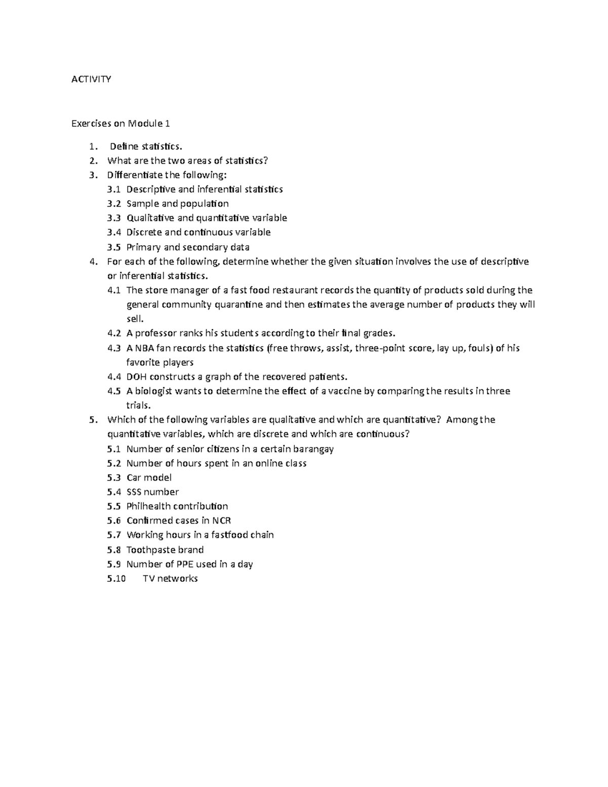 Activity - Lecture notes 1 - ACTIVITY Exercises on Module 1 Define ...