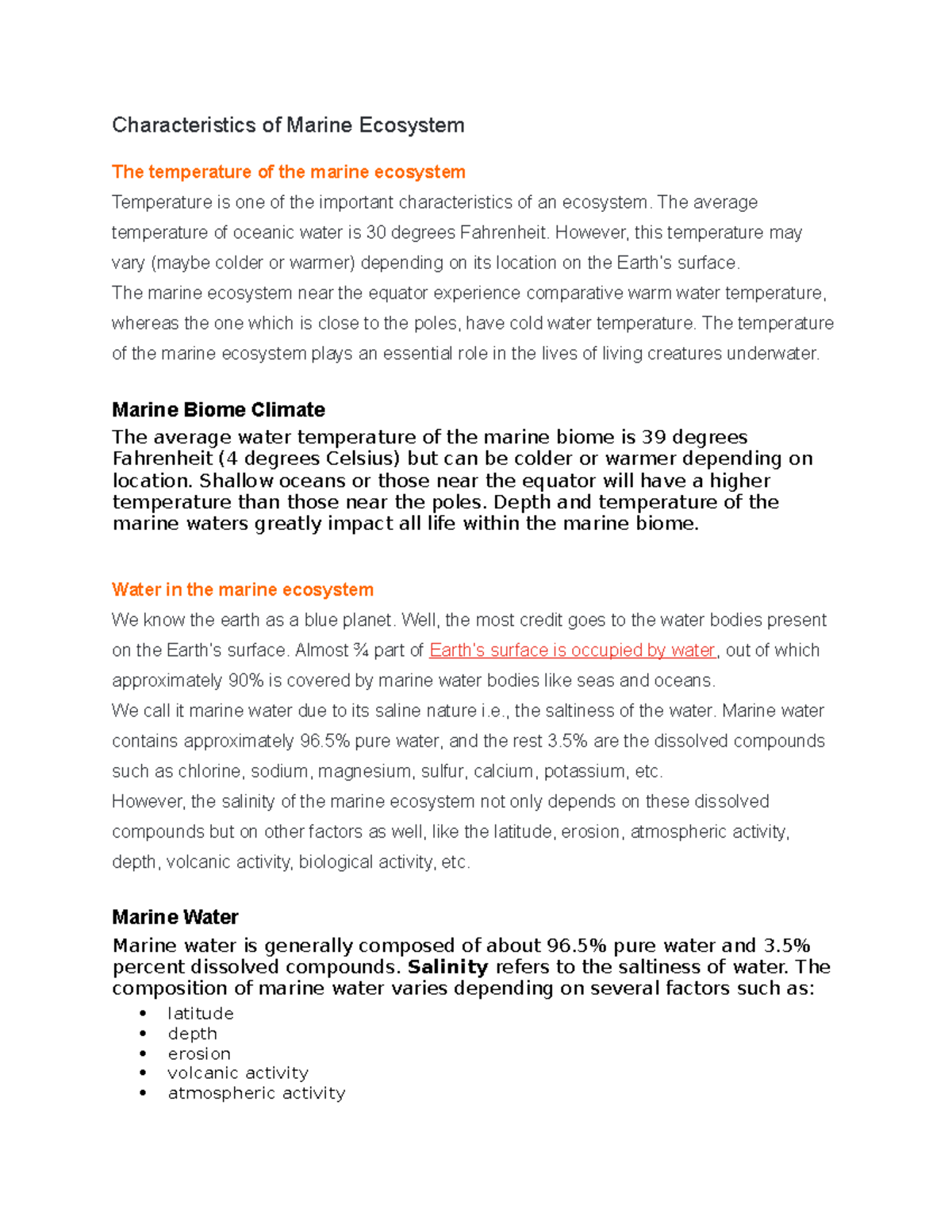 Science report - Notes - Characteristics of Marine Ecosystem The ...