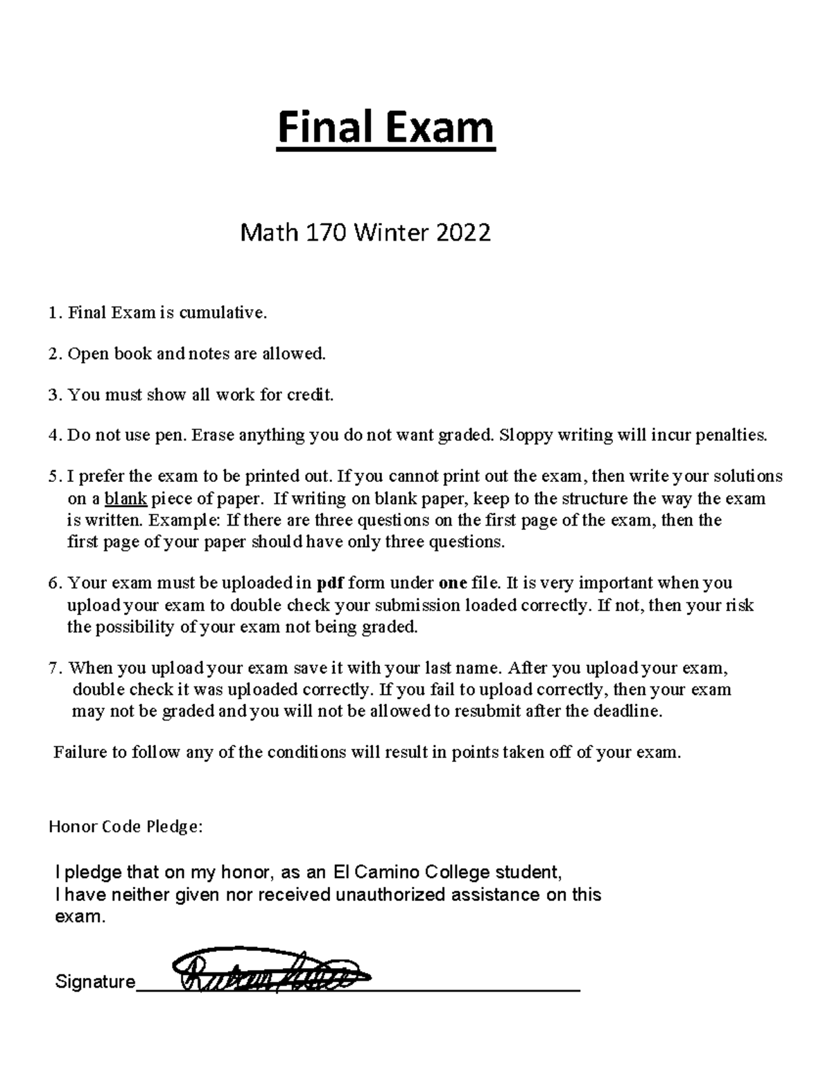 Exam practice unit 5 - Final Exam Math 170 Winter 2022 Final Exam is ...