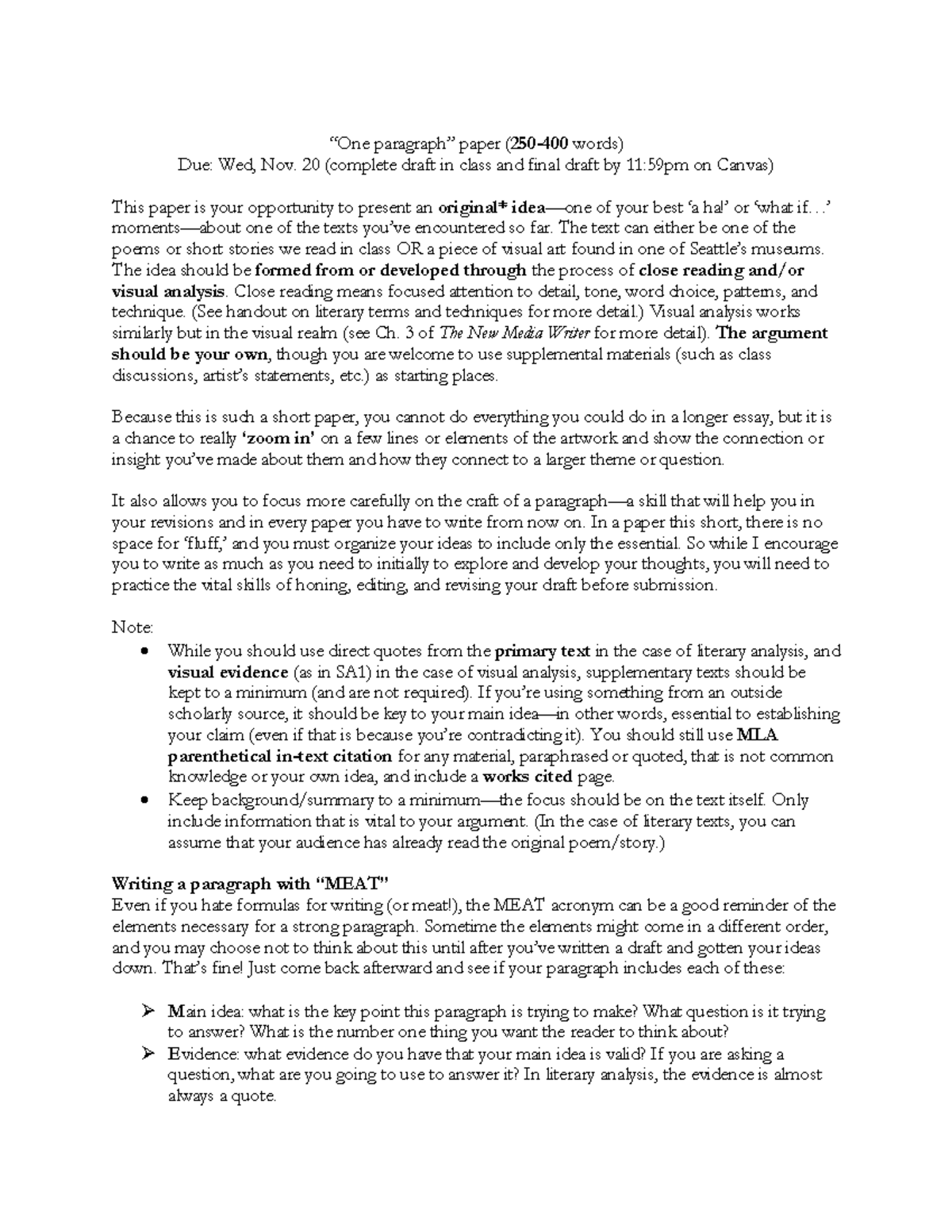 SA4 One Paragraph Paper One Paragraph Paper 250 400 Words Due