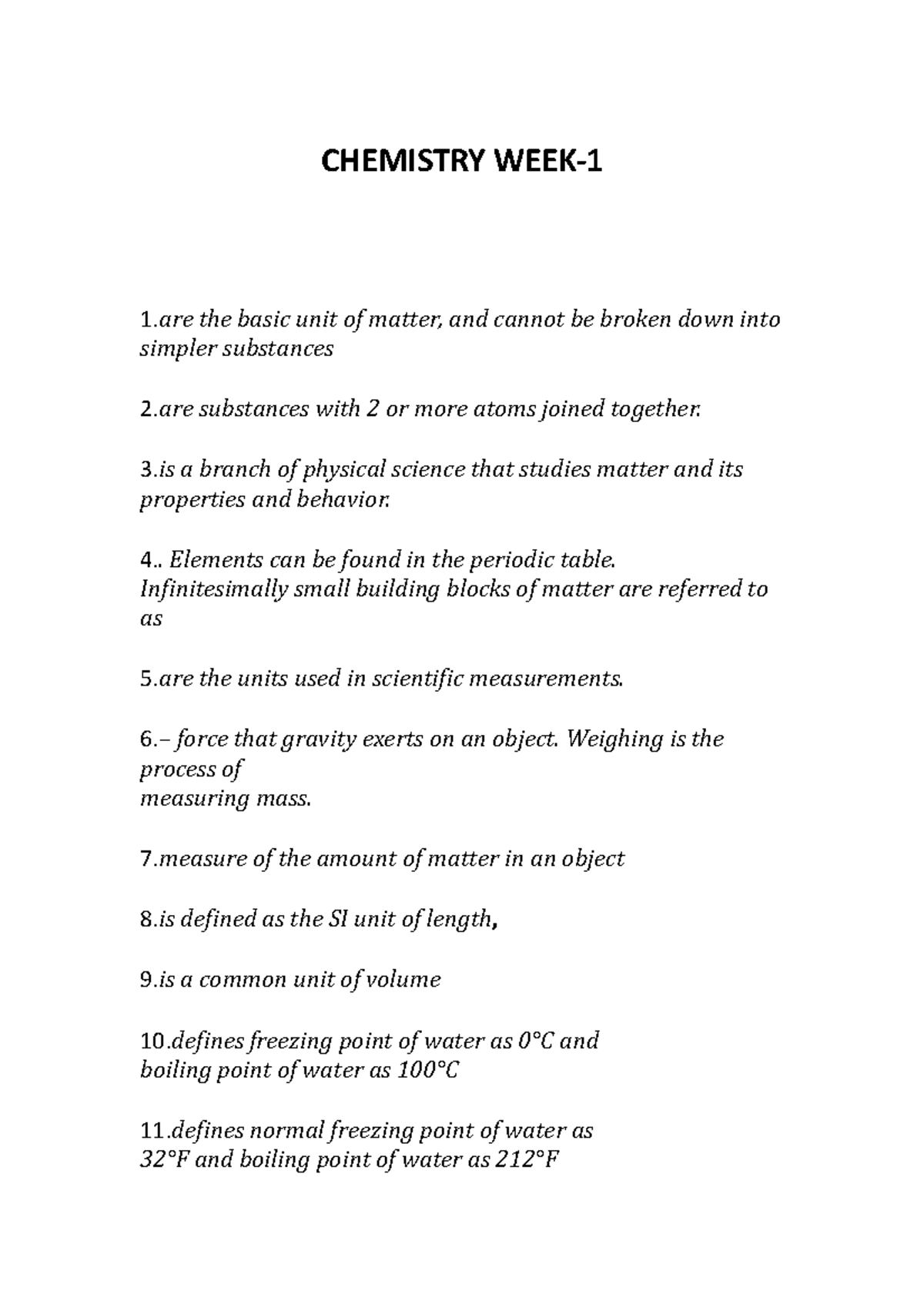 Chemistry WEEK 1 - EXA, - CHEMISTRY WEEK- 1 the basic unit of matter ...