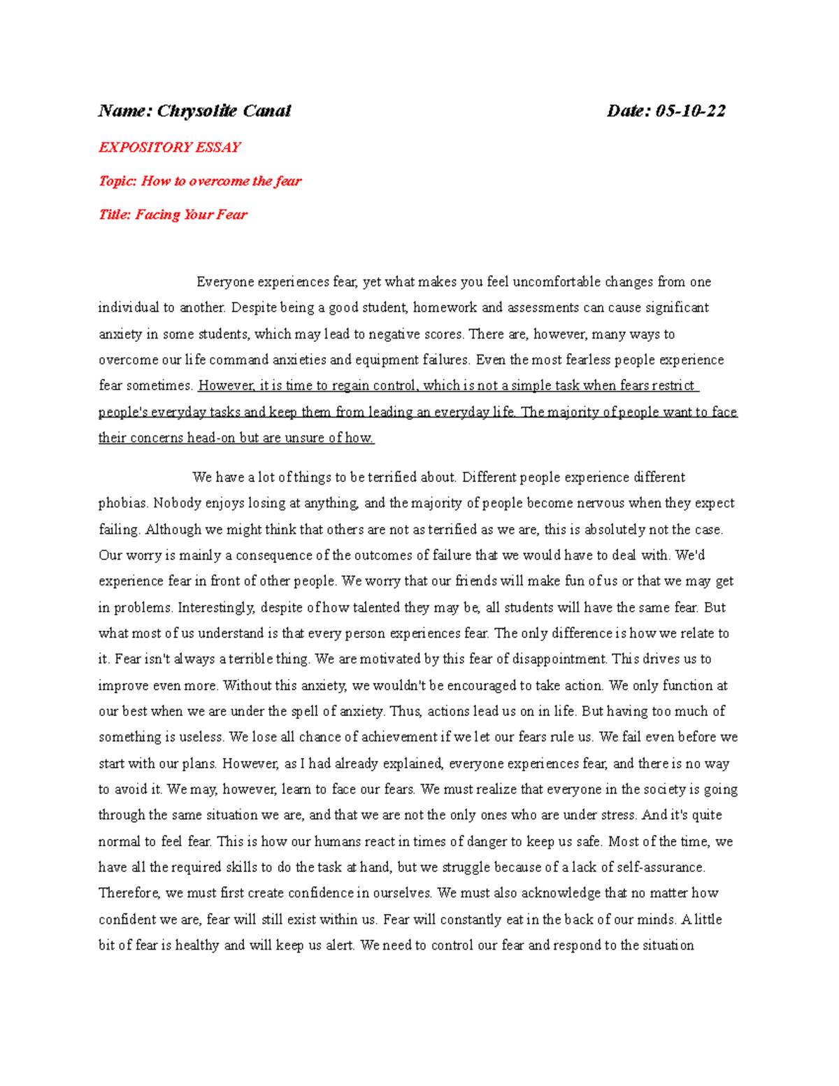 Expository Essay - Name: Chrysolite Canal Date: 05-10- EXPOSITORY ESSAY ...