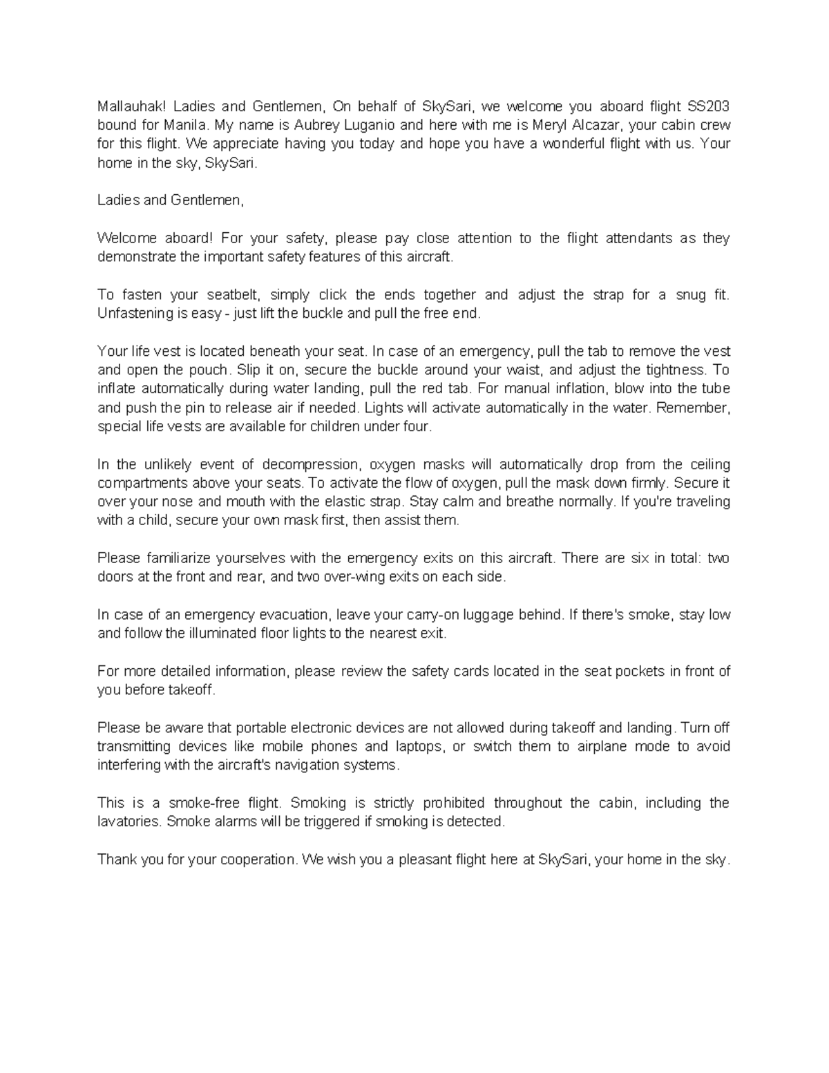 Flight attendant Script - Mallauhak! Ladies and Gentlemen, On behalf of ...