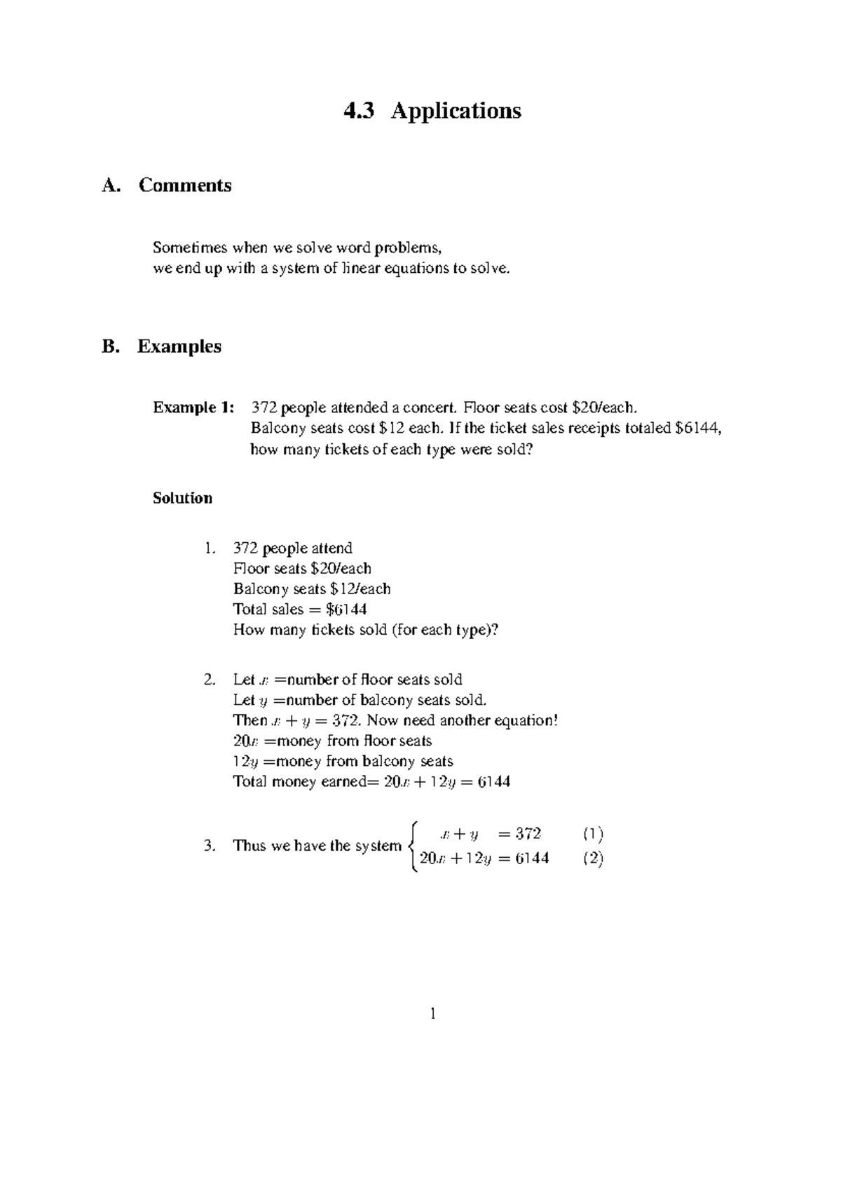 4.3 Applications of Systems of Linear Equations - 4 Applications A ...