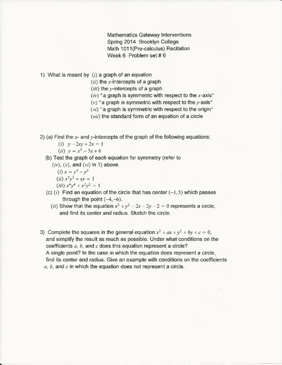 Problem set 6 Week 6 Recitations Math 1011(Pre-calculus) Mathematics ...