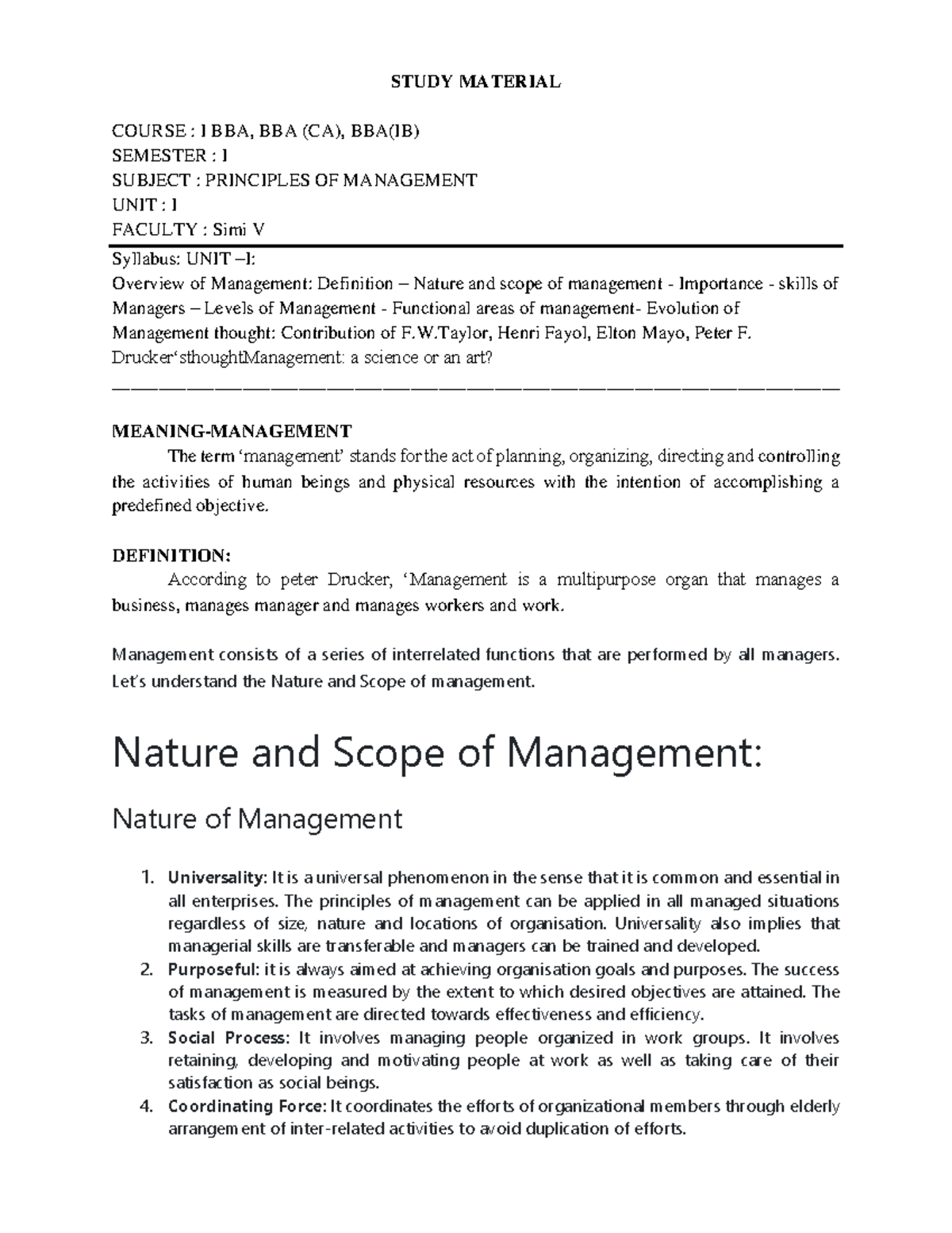 POM - U1 - Notes - STUDY MATERIAL COURSE : I BBA, BBA (CA), BBA(IB ...