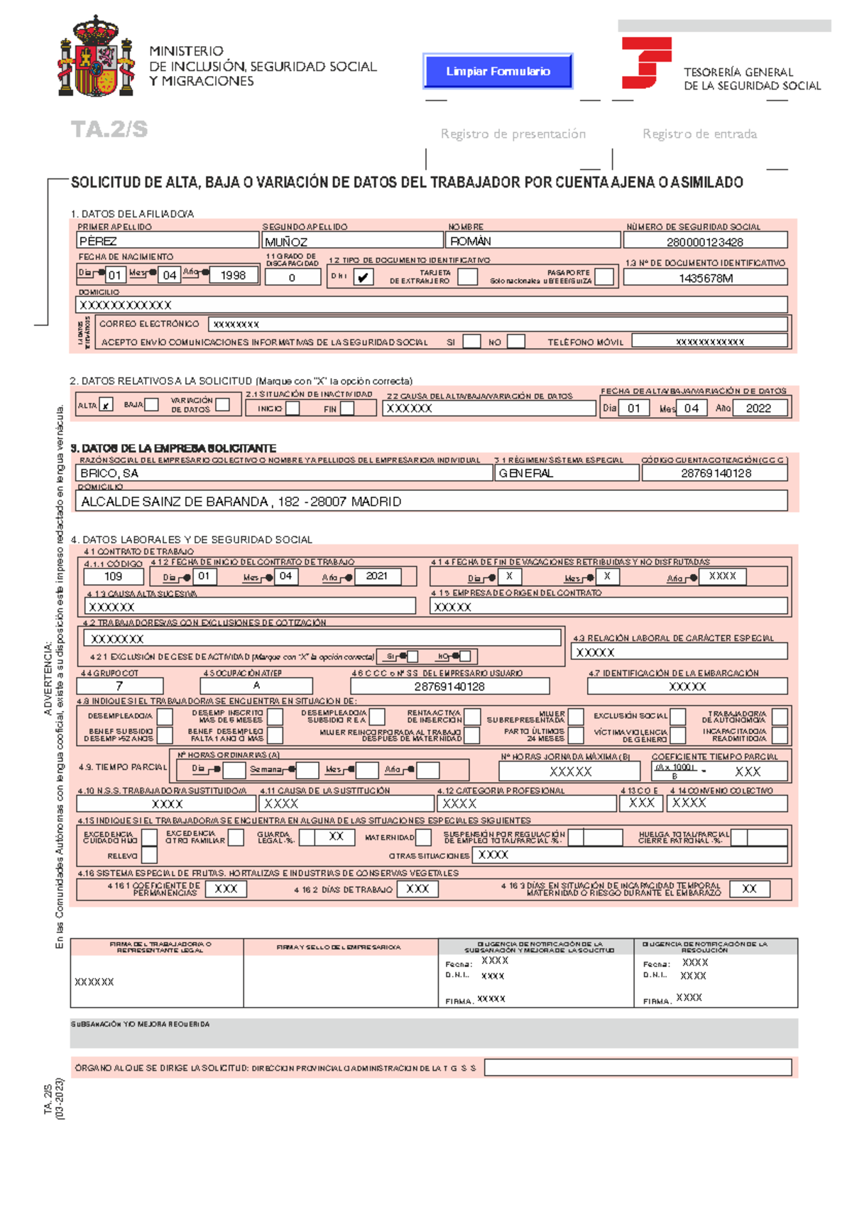 TA2 ALTA - modelo de alta empresarial - TA. 2/S (03-2023) ADVERTENCIA ...