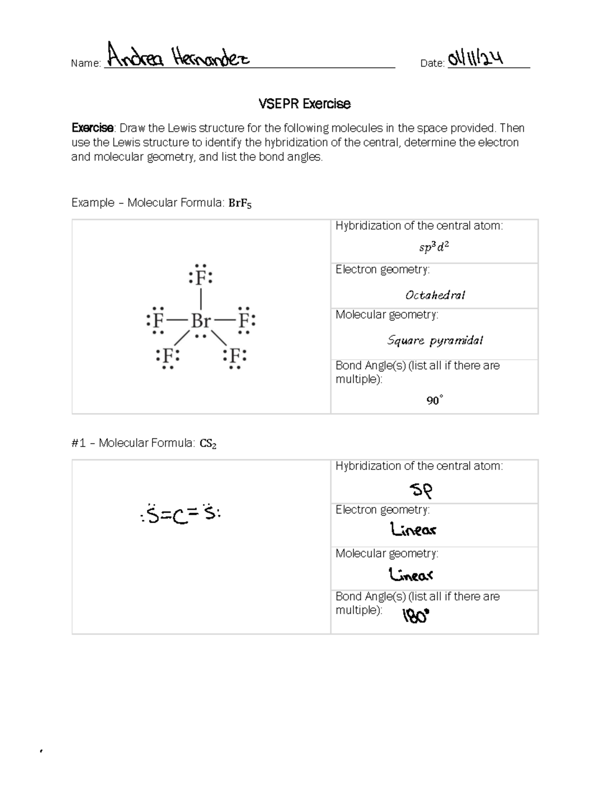 Chem vsepr - ones - VSEPR Exercise Exercise: Draw the Lewis structure ...