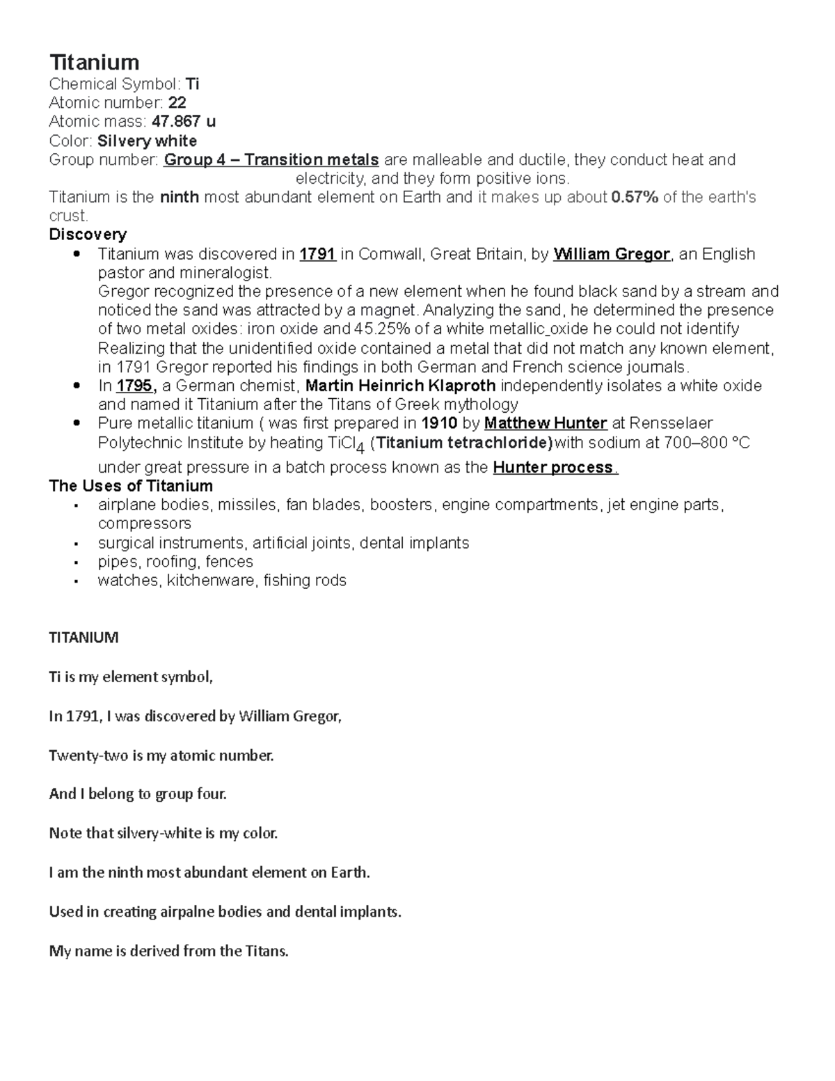 Titanium-and-Zirconium - Titanium Chemical Symbol: Ti Atomic number: 22 ...