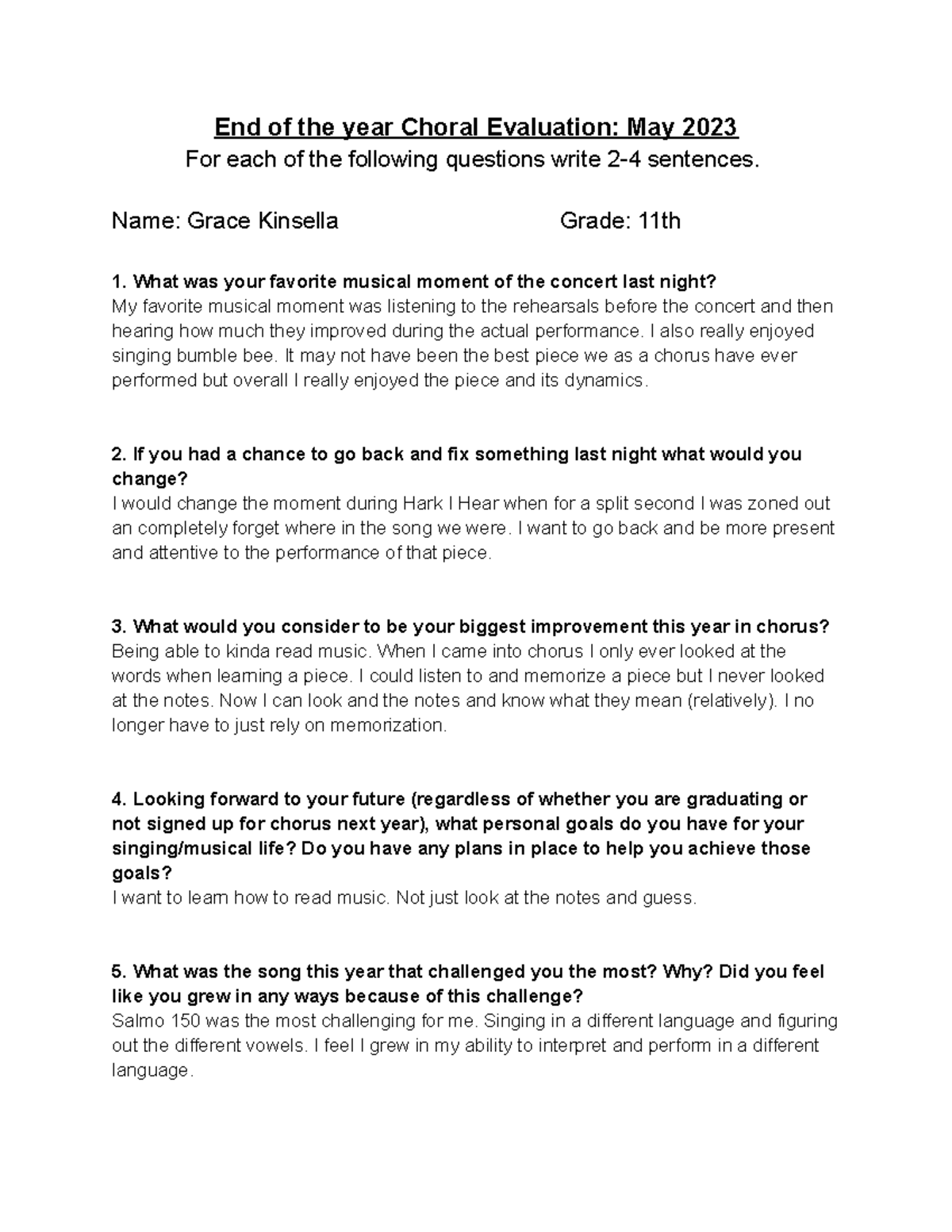 Grace kinsella - End of the year Choral Evaluation May 2023 - End of ...