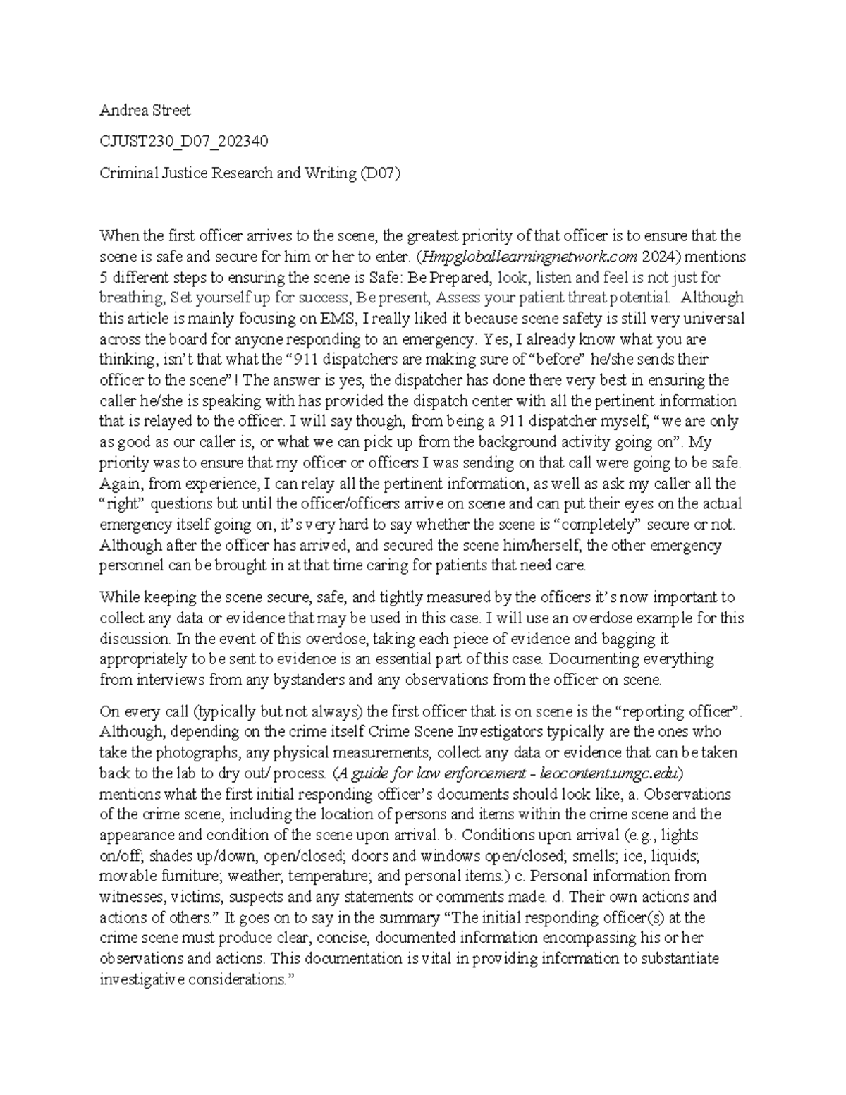 Responsibilities of First Officer on Scene - Andrea Street CJUST230_D07 ...