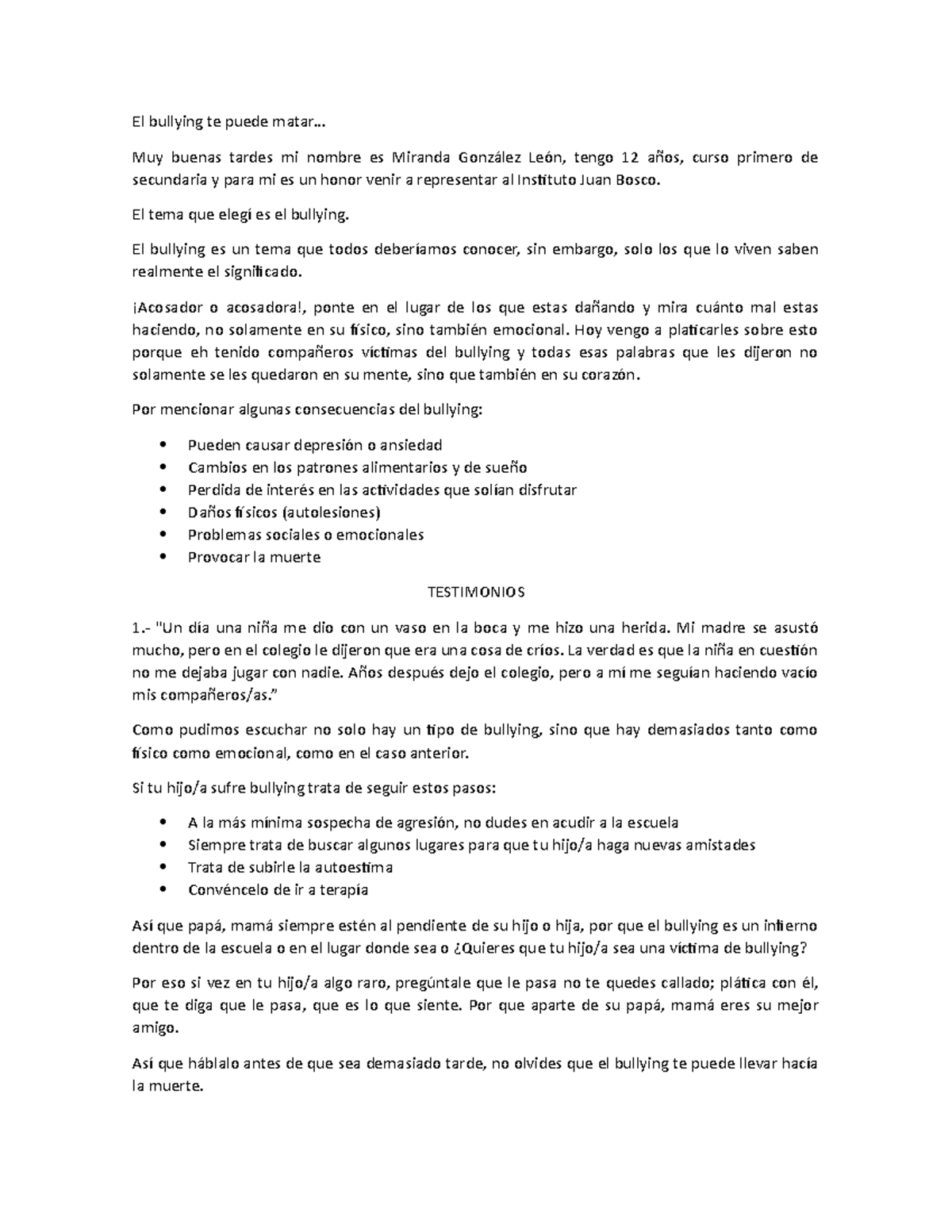 Español - Lectura - El bullying te puede matar... Muy buenas tardes mi ...