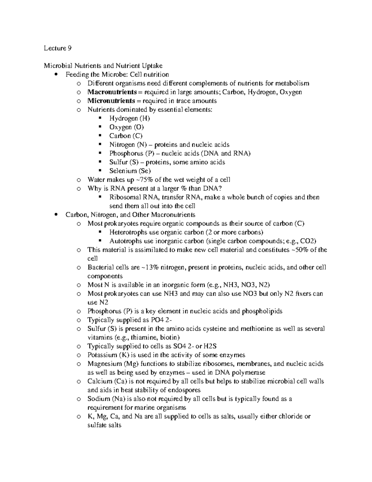 Chapter 3 Notes - Lecture 9 Microbial Nutrients and Nutrient Uptake ...